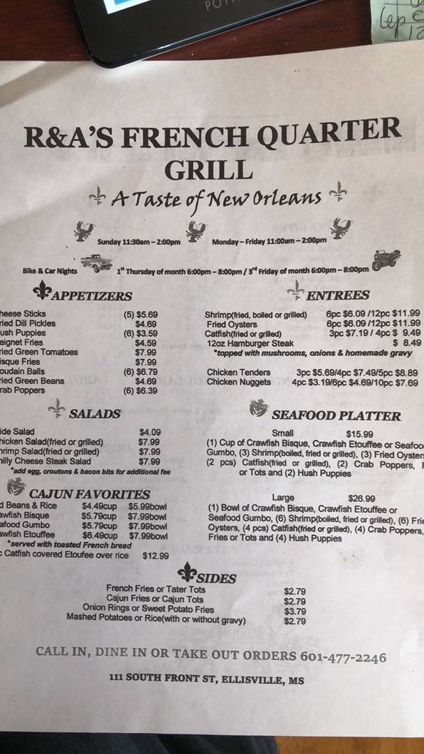 Menu at R & A's French Quarter Grill restaurant, Ellisville
