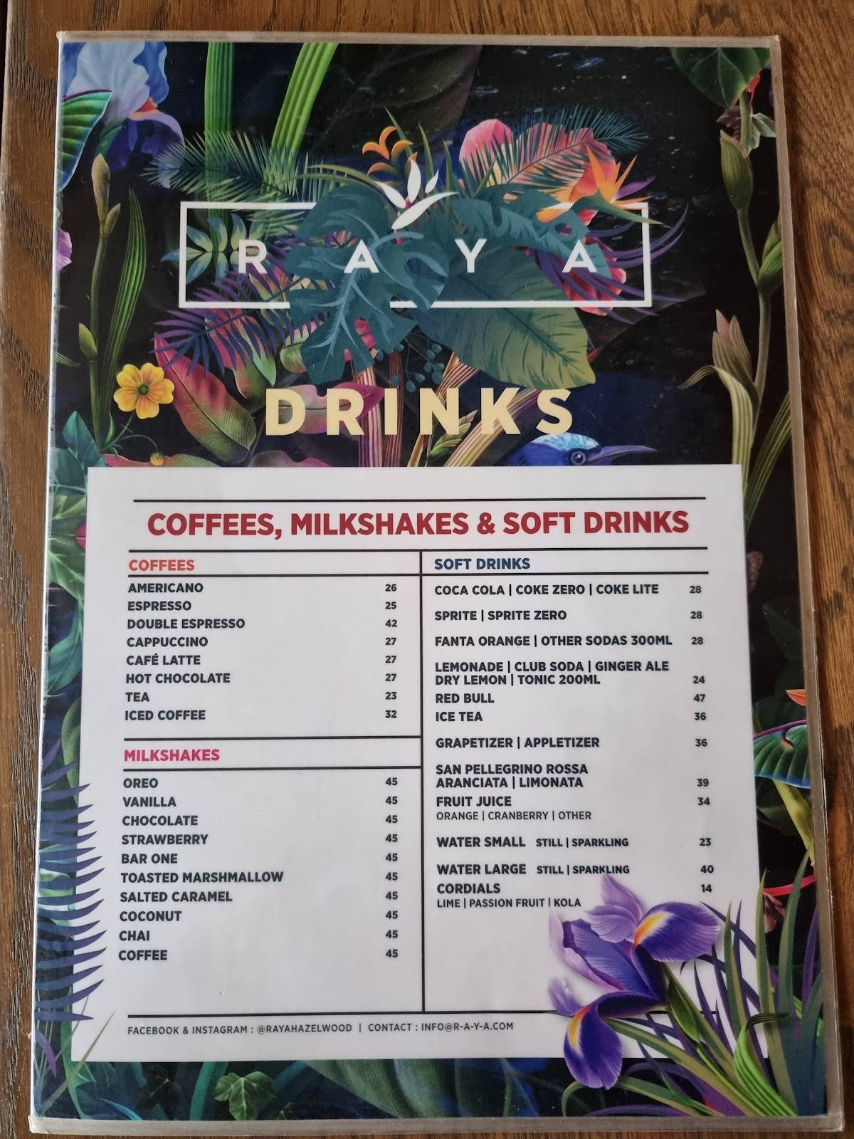 Menu at RAYA Hazelwood restaurant, Pretoria