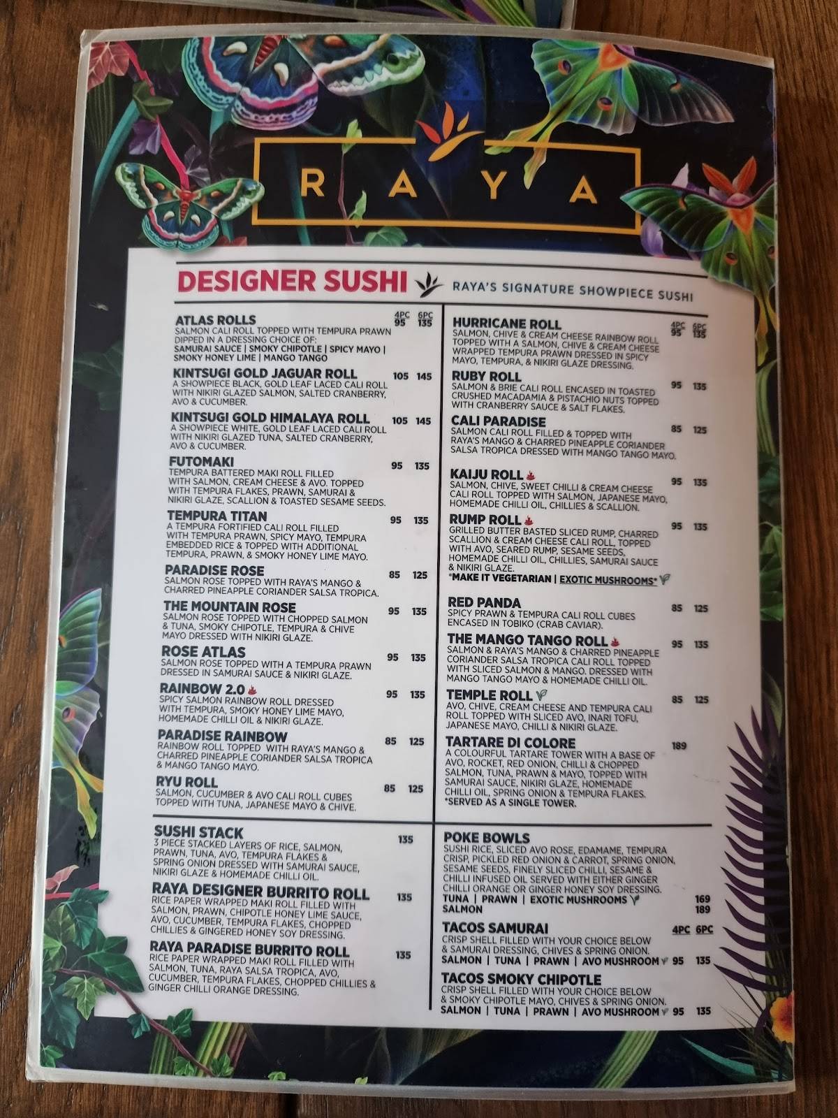 Menu at RAYA Hazelwood restaurant, Pretoria
