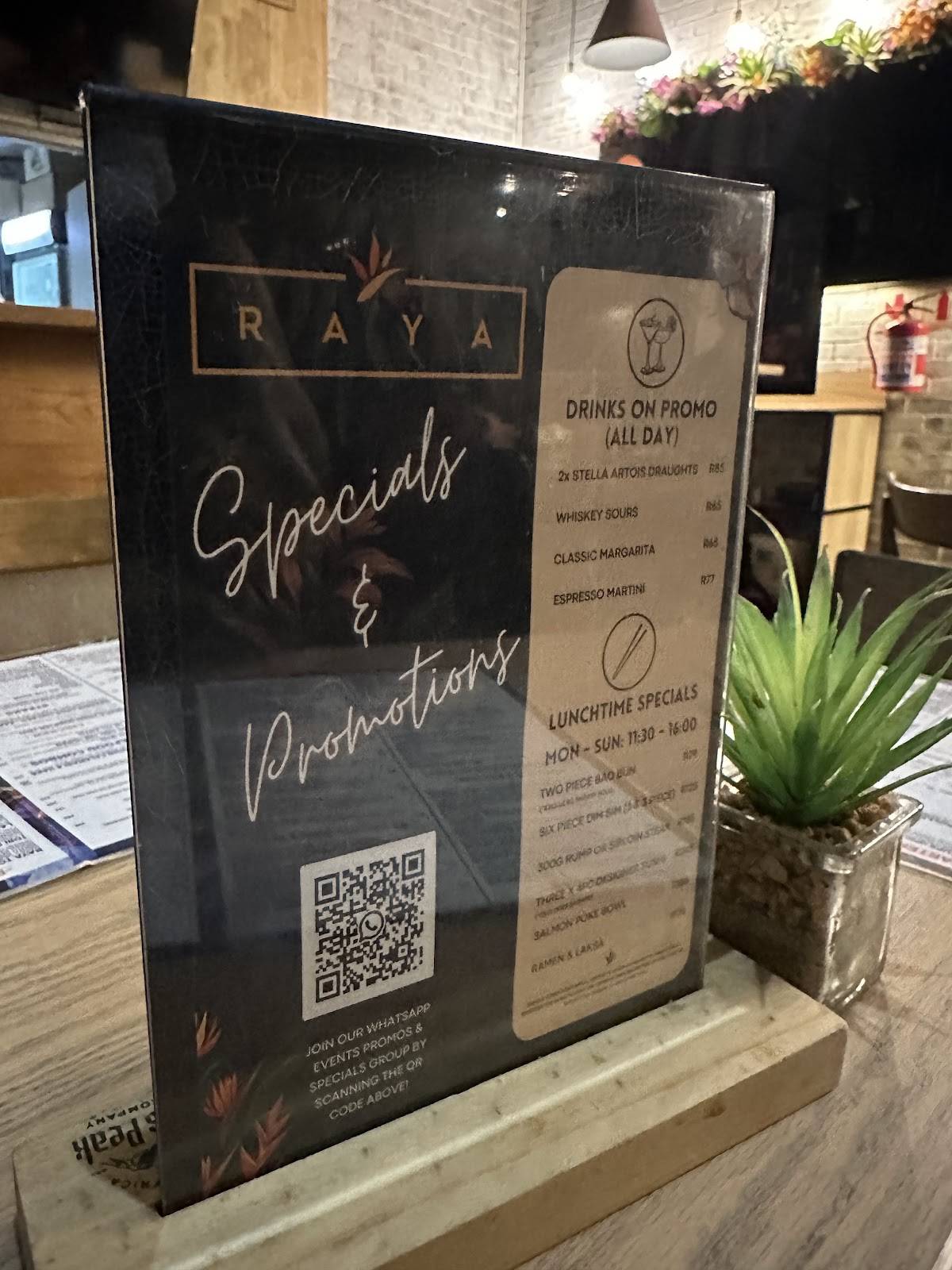 Menu at RAYA Hazelwood restaurant, Pretoria