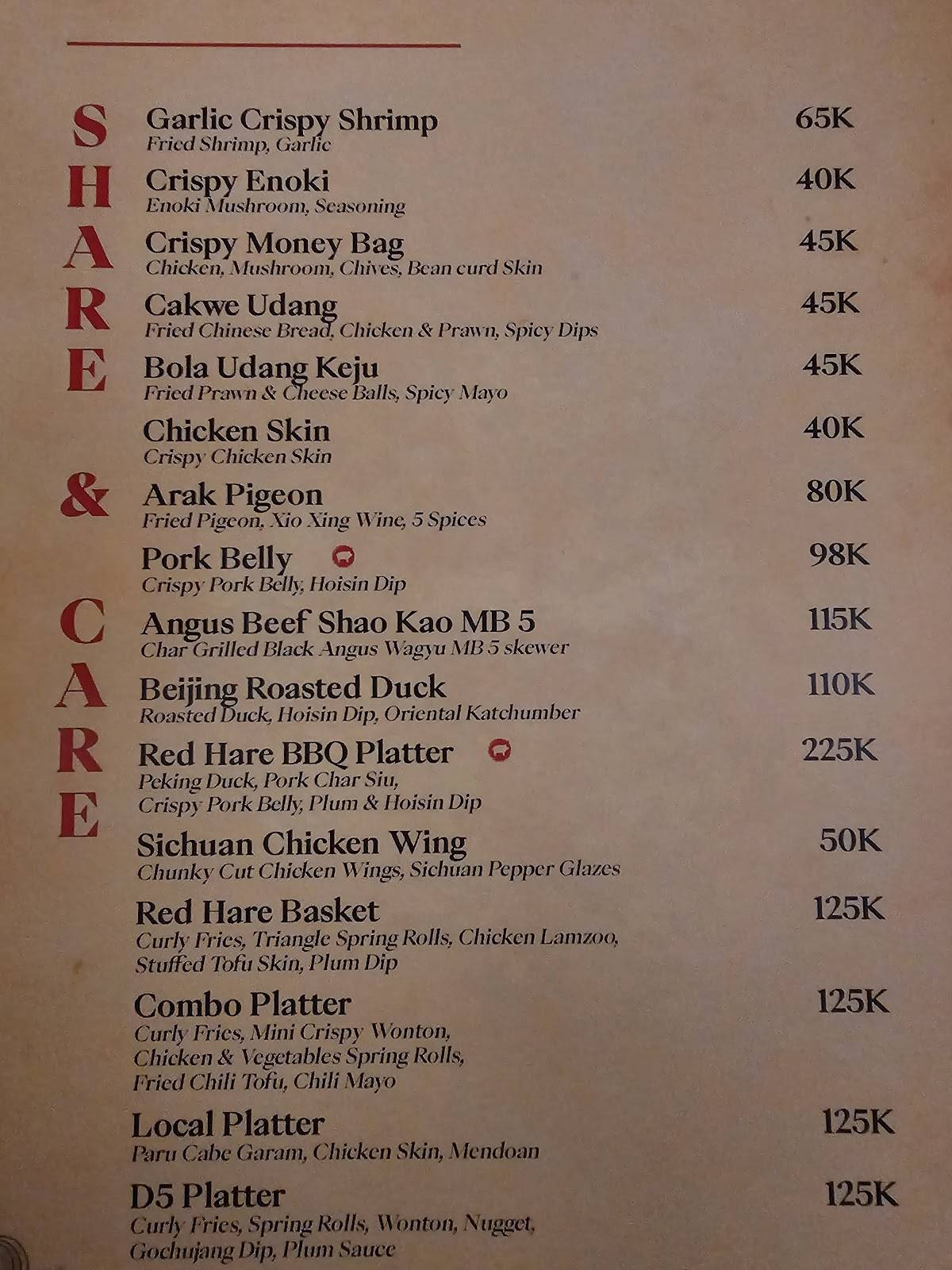 Menu at RED HARE BAR, Semarang