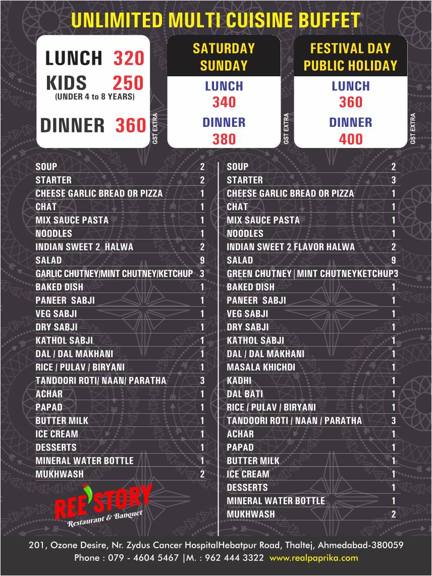 Menu at REE'STORY - Unlimited Multi Cuisine Food, Ahmedabad