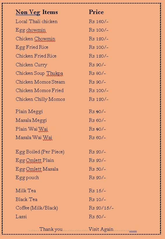 Menu at REYSHIV ROOFTOP RESTAURANT, Kalimpong