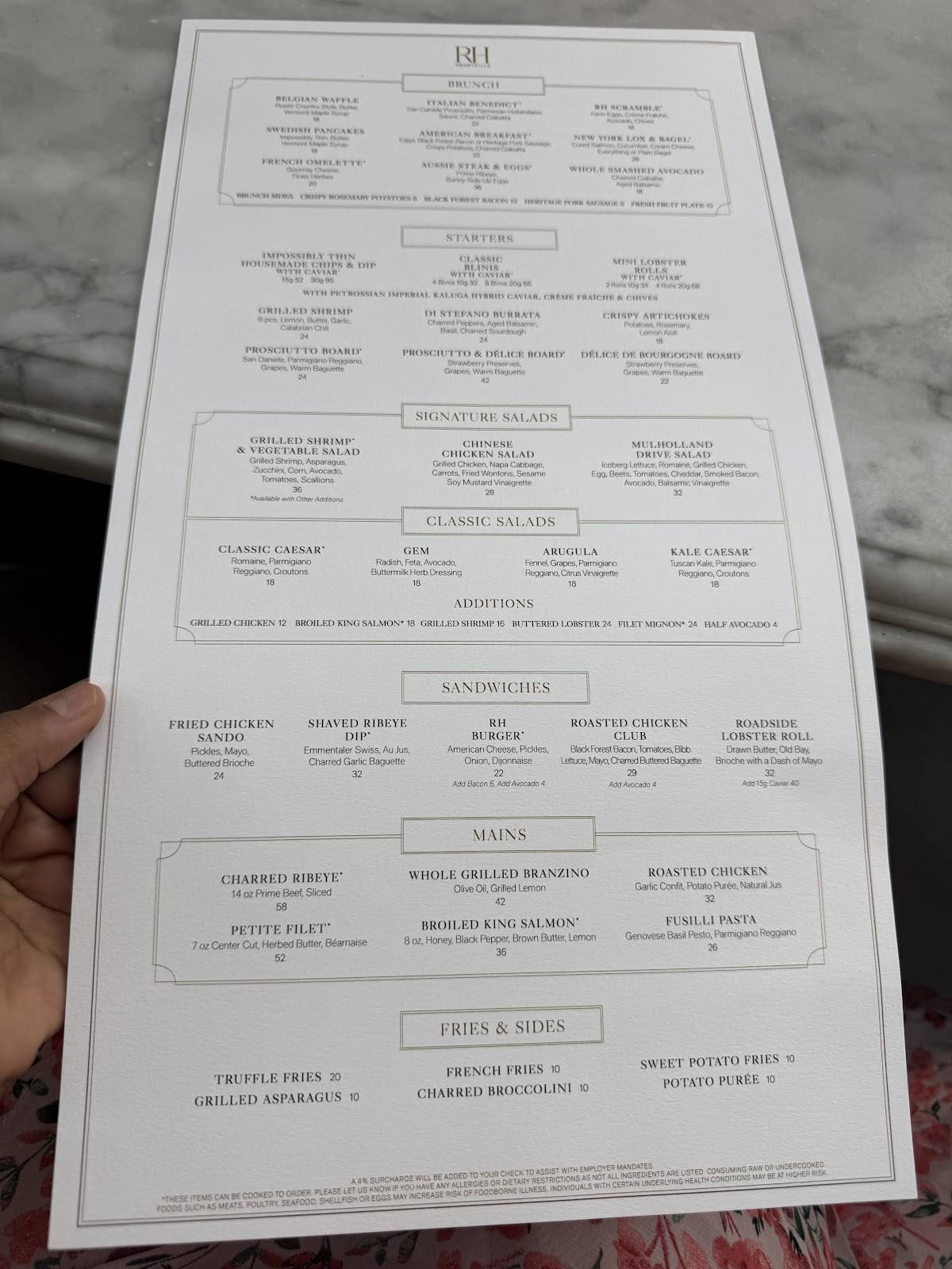 Menu at RH Restaurant at RH Yountville, Yountville