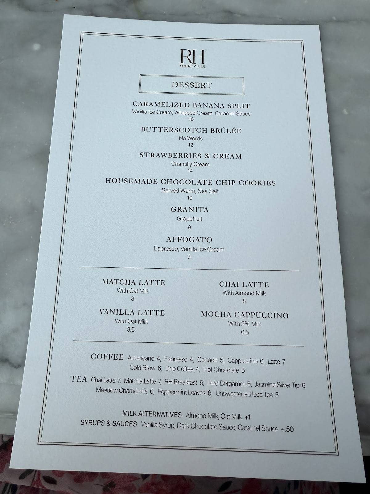 Menu at RH Restaurant at RH Yountville, Yountville