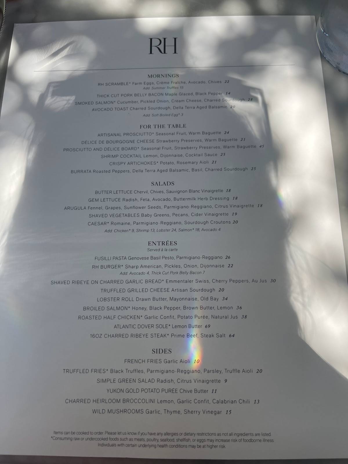 Menu at RH Yountville Restaurant, Yountville