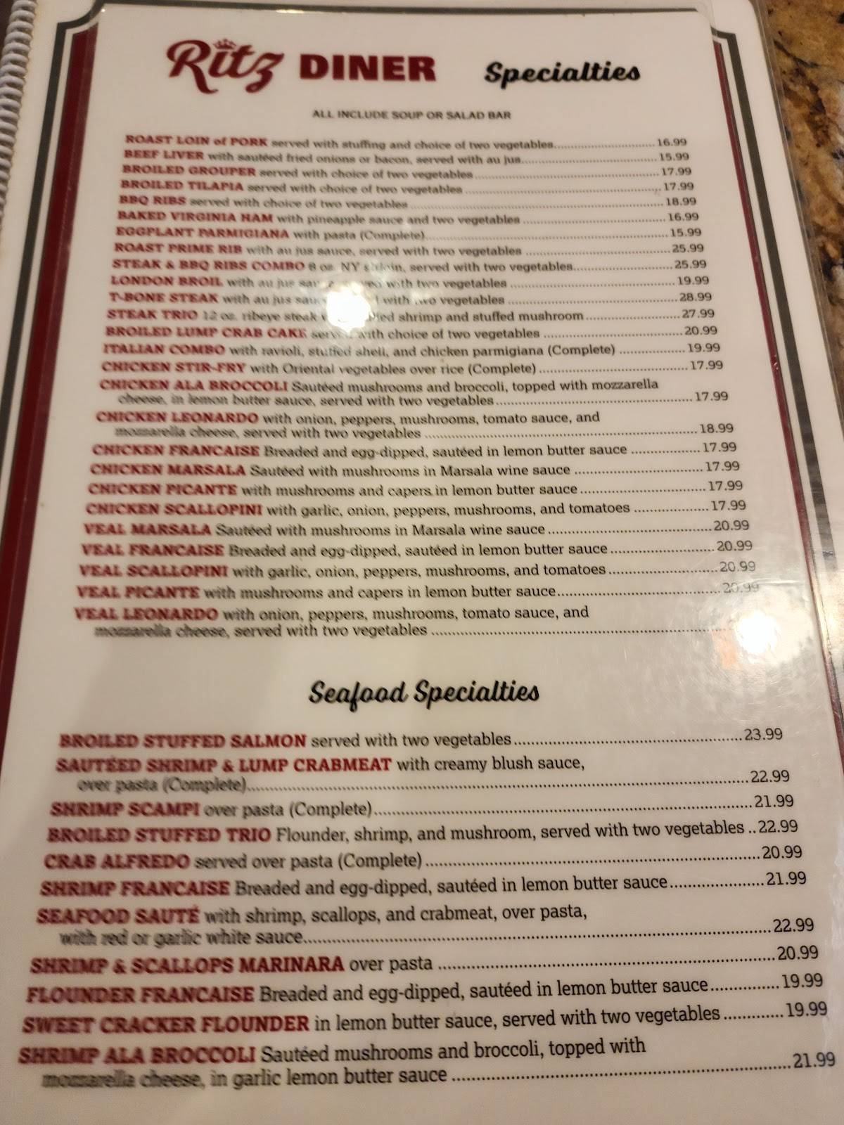 Menu at RITZ Diner restaurant, Philadelphia