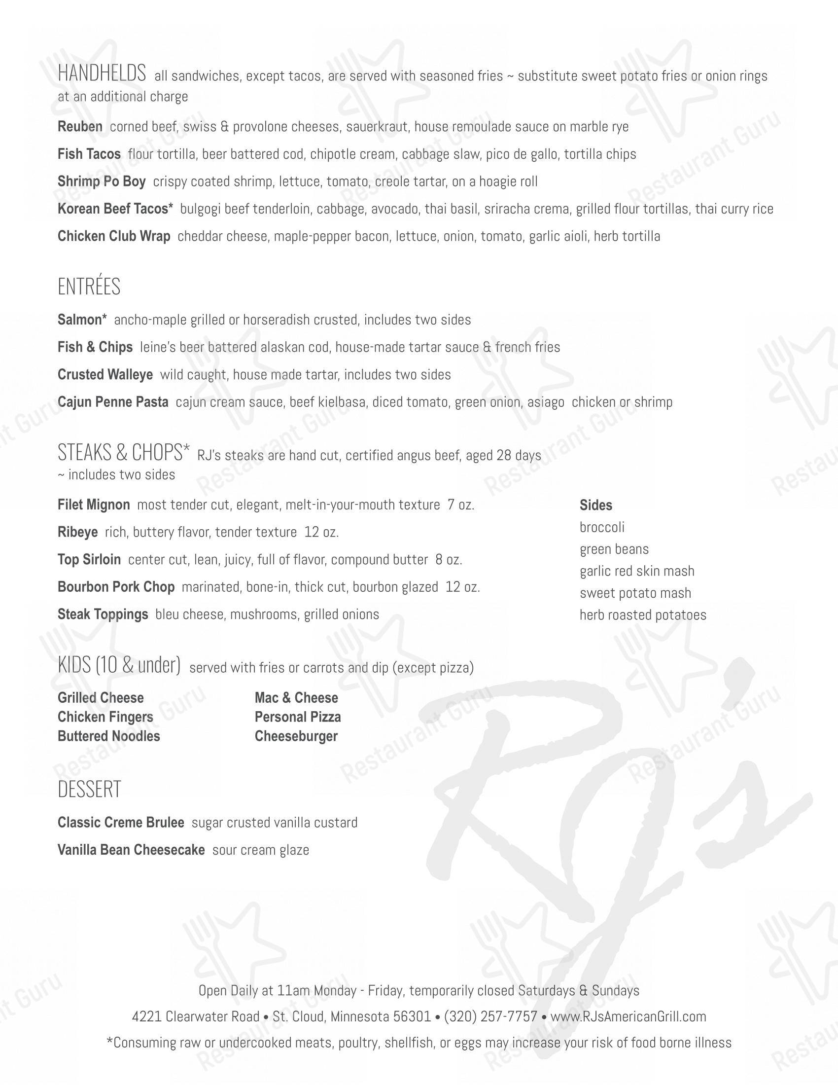 Menu at RJ's American Grill pub & bar, St. Cloud