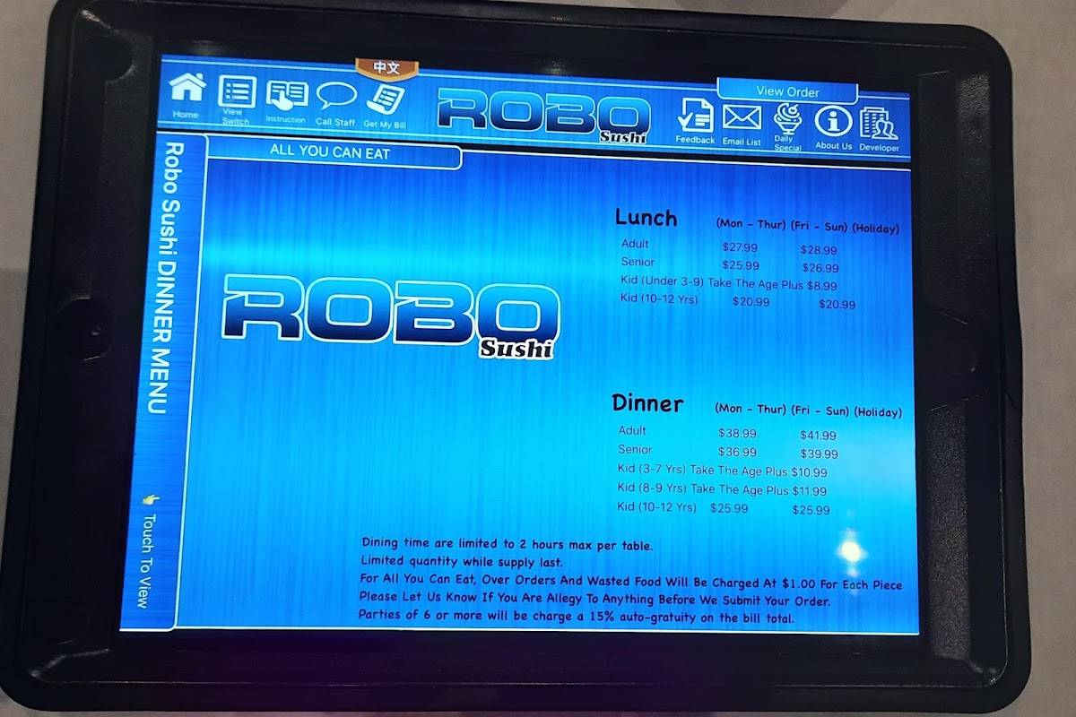 Menu at ROBO SUSHI restaurant, Toronto