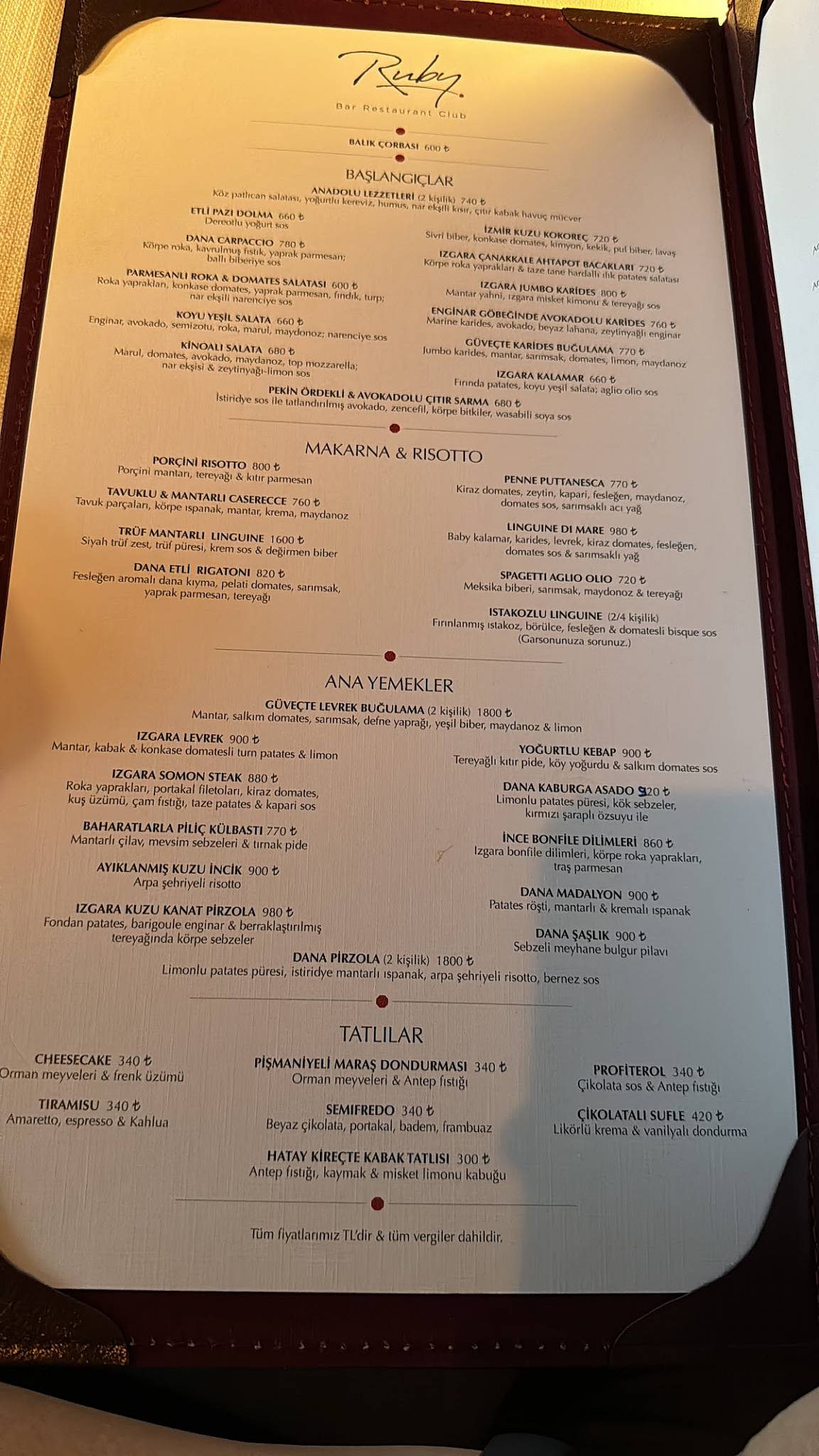 Menu at RUBY, Istanbul, Ortaköy Salhanesi Sk. No:5