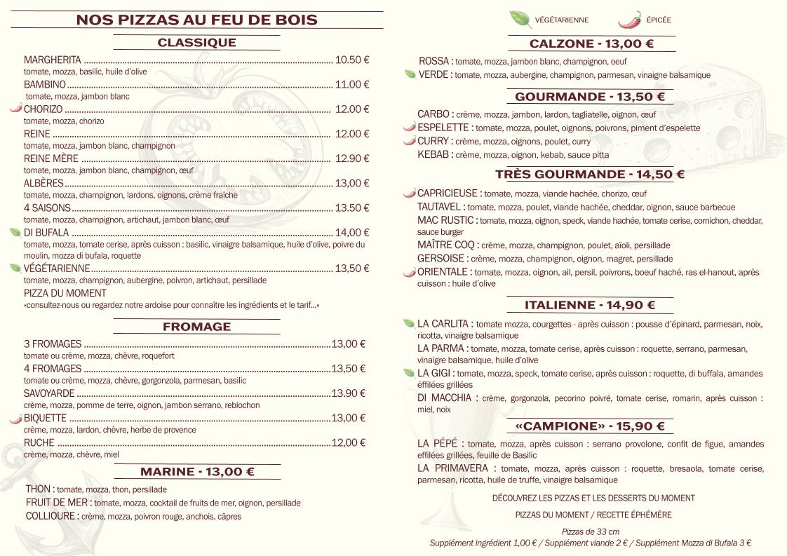 Menu au RUSTIC PIZZA pizzeria, Canohès