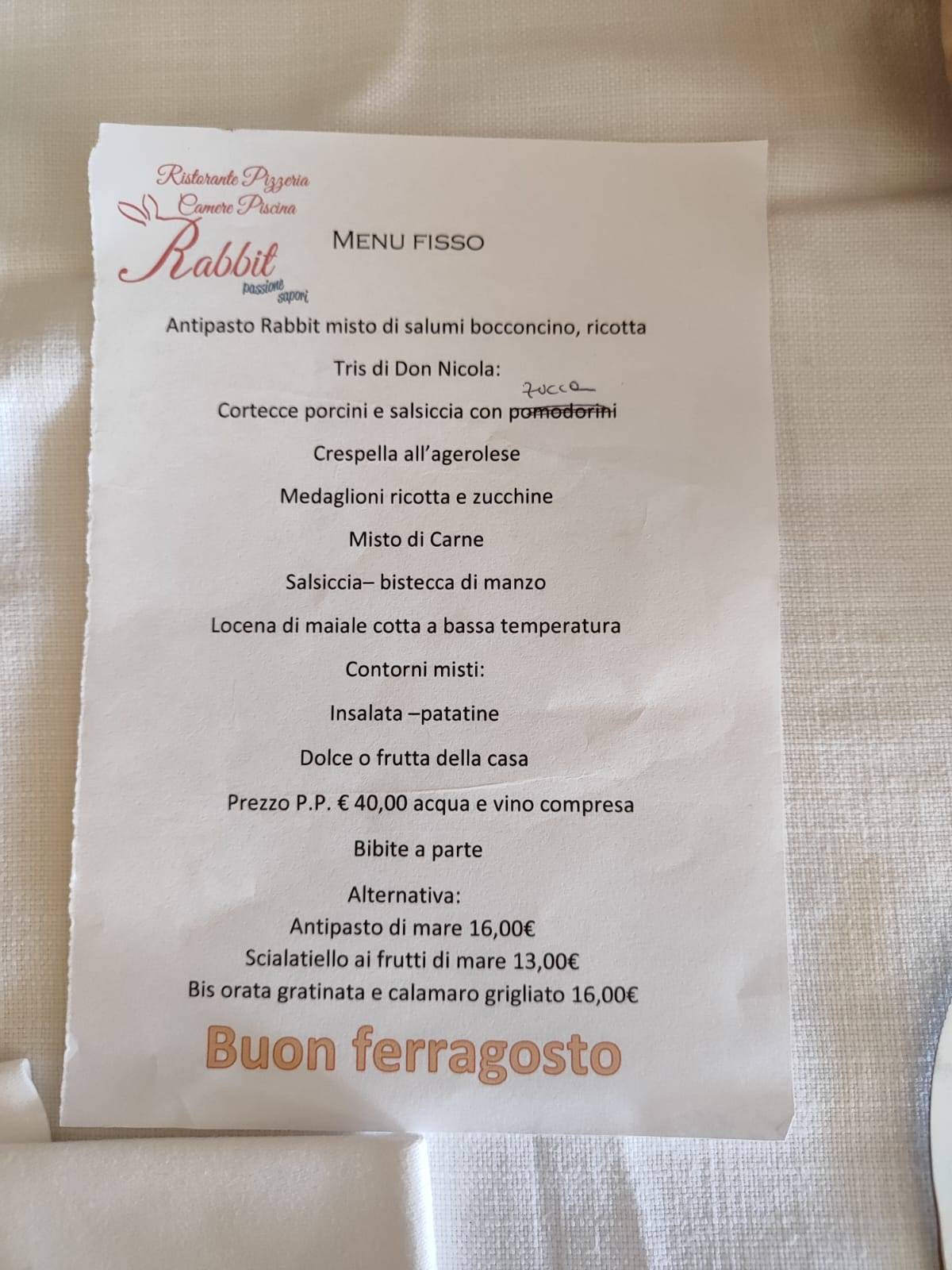Menu at Rabbit restaurant, Pianillo