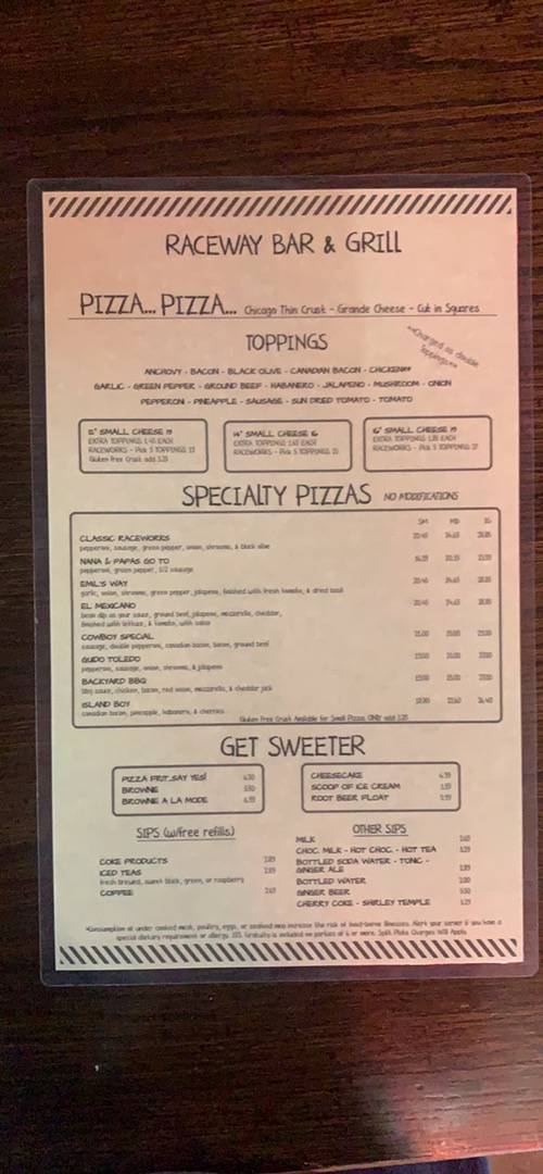 Menu at Raceway Bar and Grill (official), Maricopa