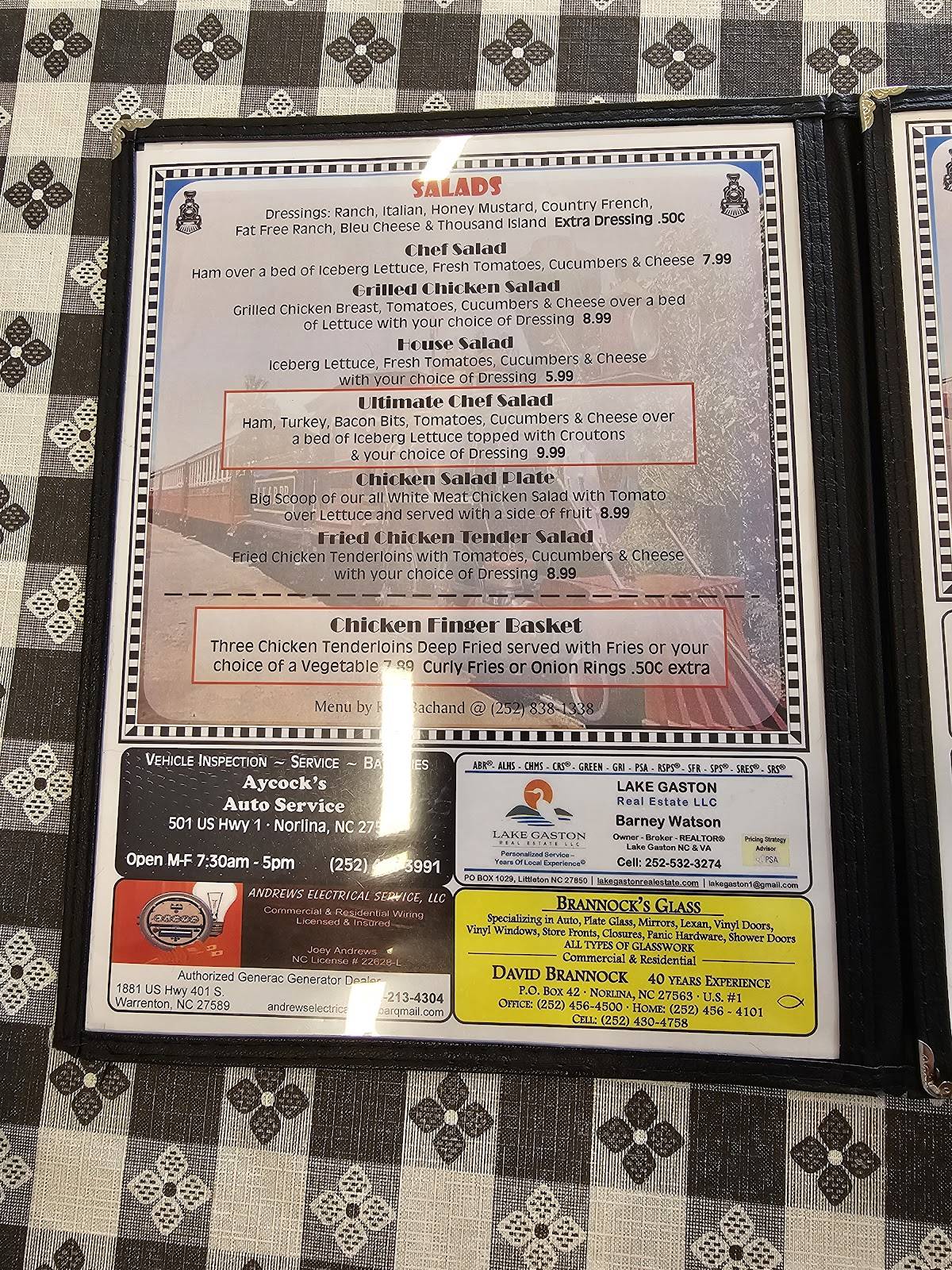 Menu at Rachel's Whistle Stop Cafe, Norlina