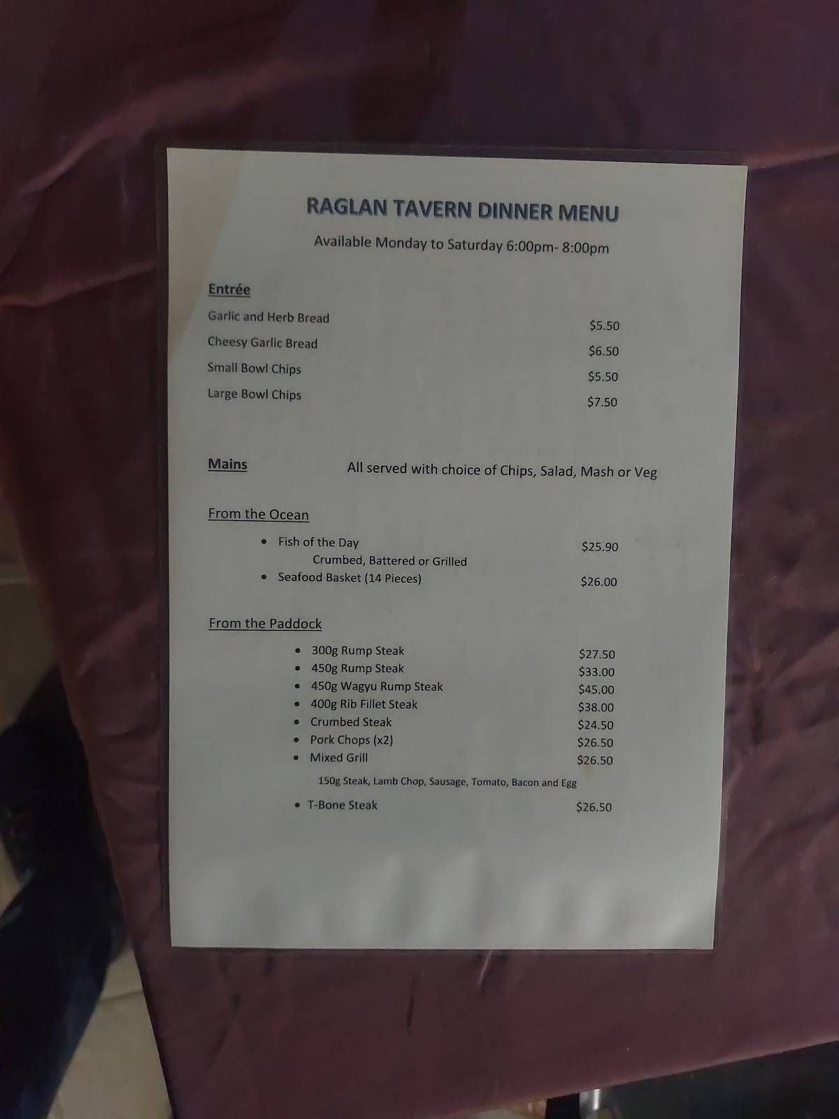 Menu at Raglan Tavern pub & bar, Raglan