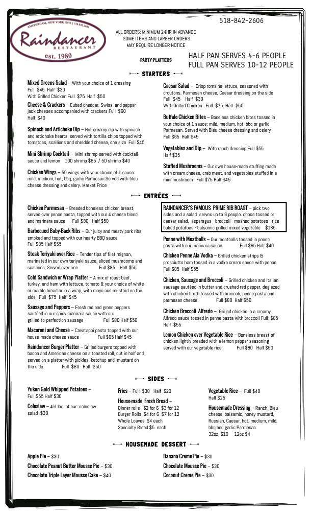 Menu at Raindancer Restaurant, Amsterdam, State Highway 30