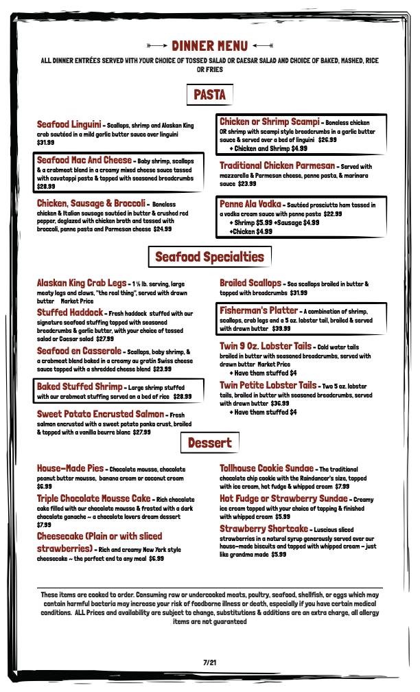 Menu at Raindancer Restaurant, Amsterdam, State Highway 30