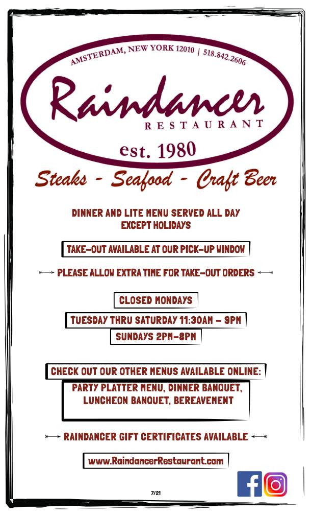Menu at Raindancer Restaurant, Amsterdam, State Highway 30