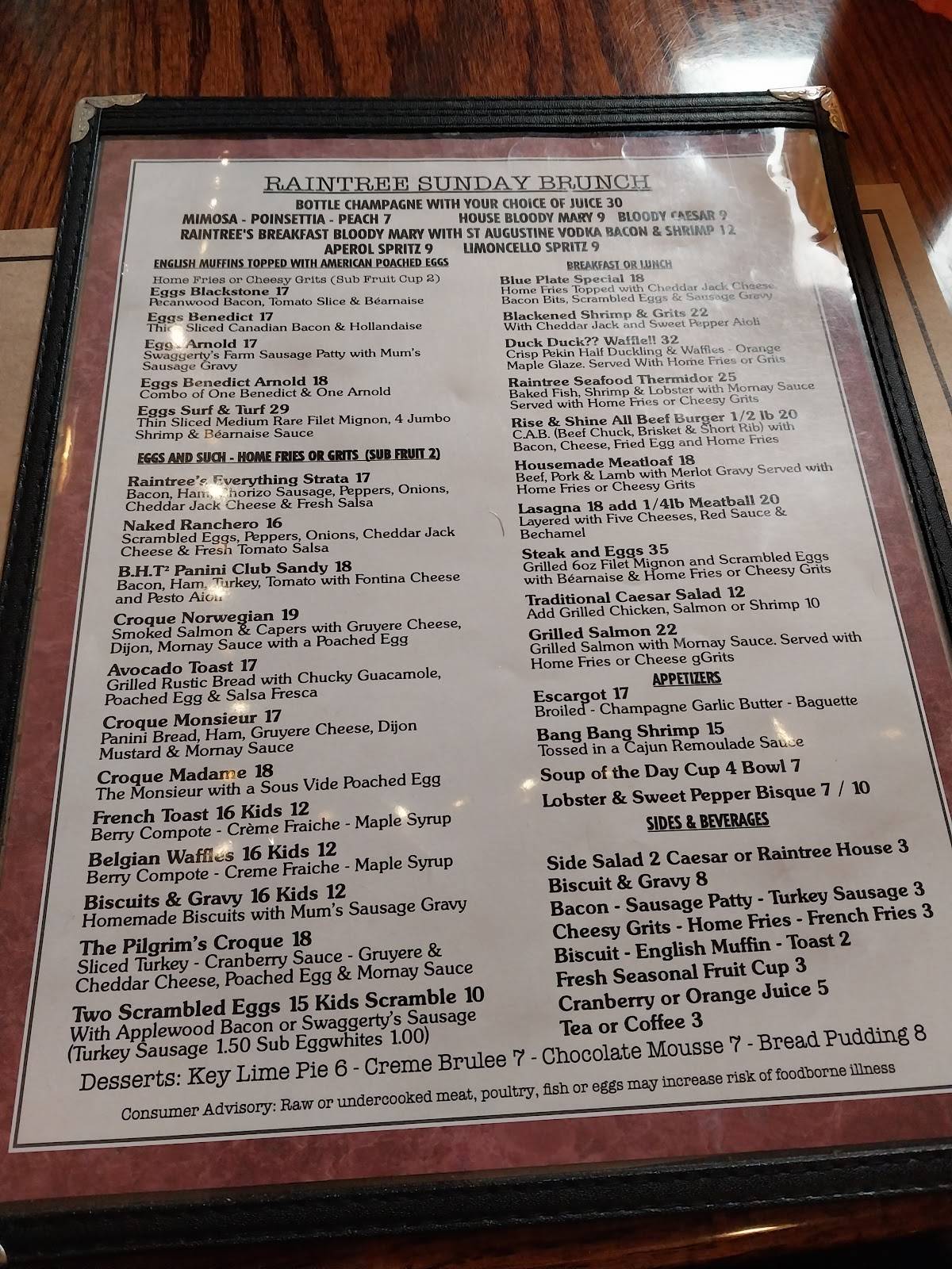 Menu at Raintree Restaurant, St. Augustine