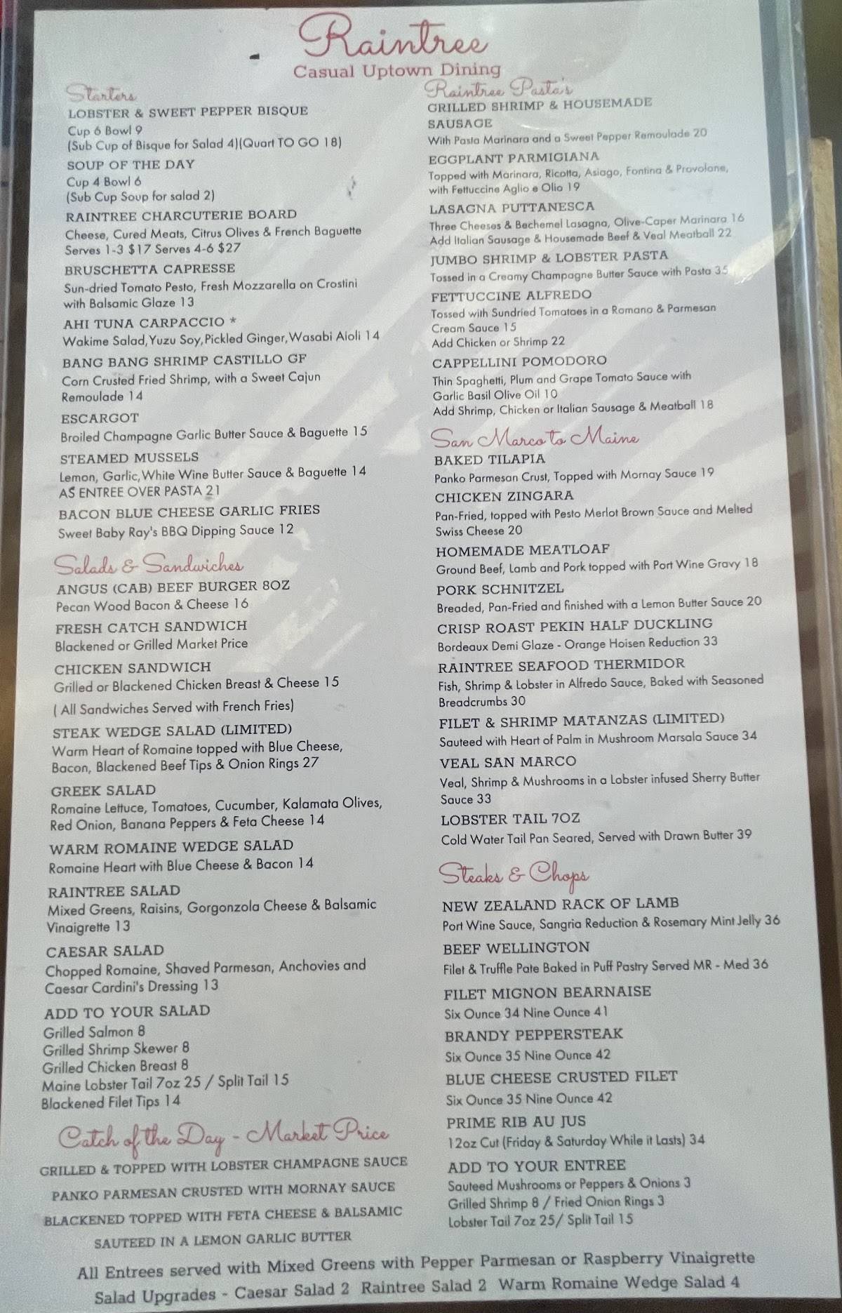 Menu at Raintree Restaurant, St. Augustine