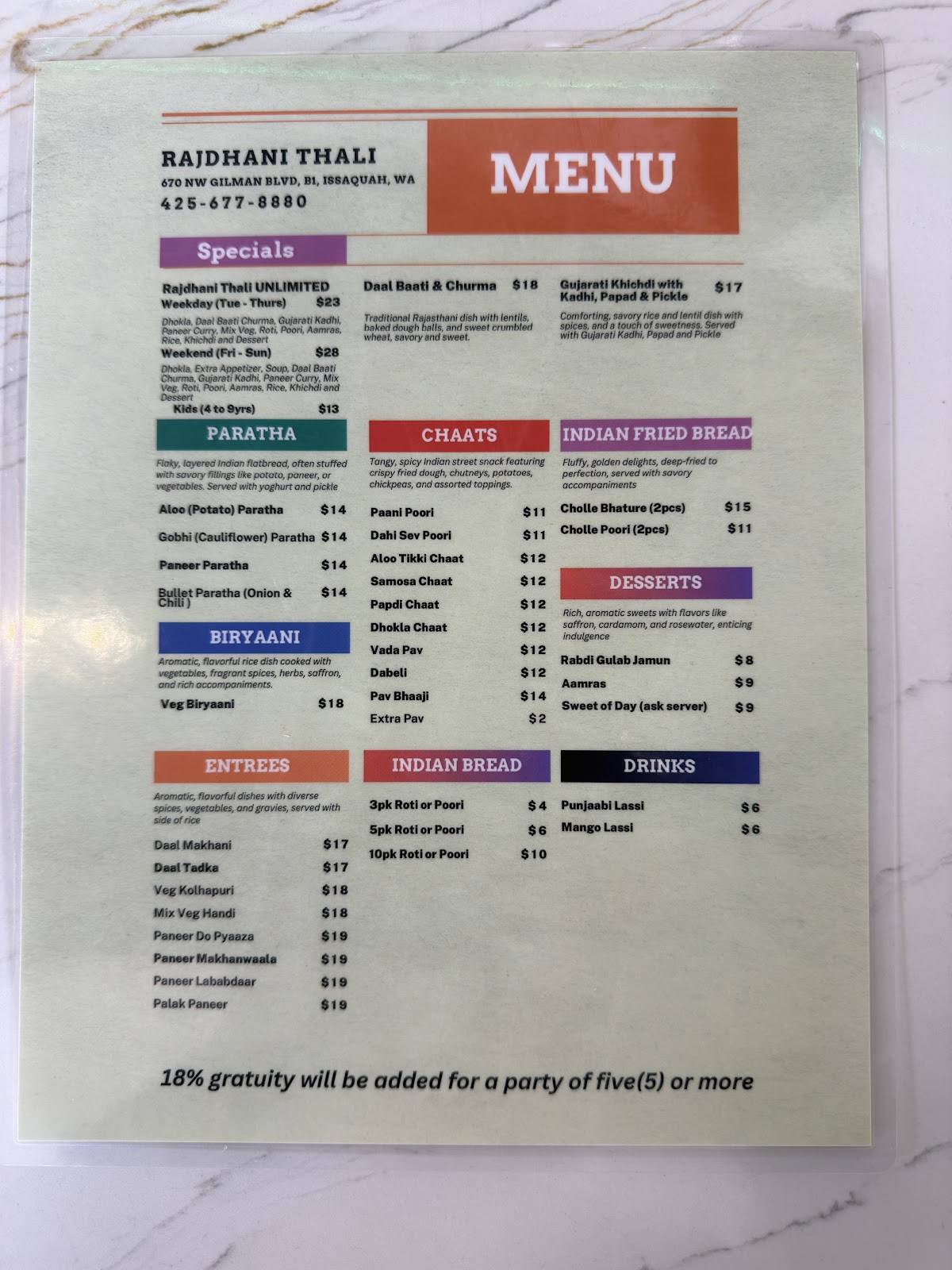 Menu at Rajdhani Thali Restaurant, Issaquah