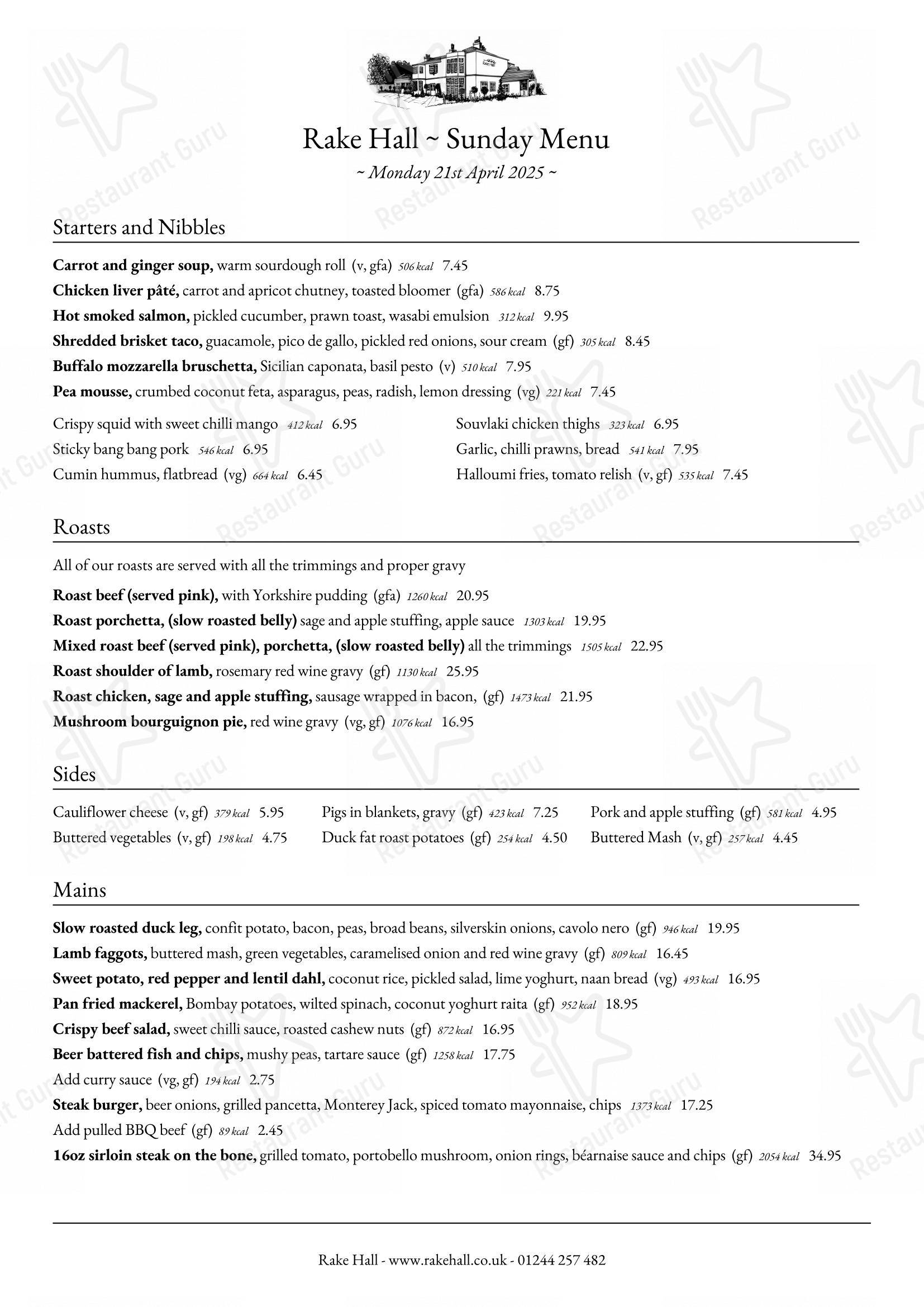 Menu at Rake Hall pub & bar, Chester