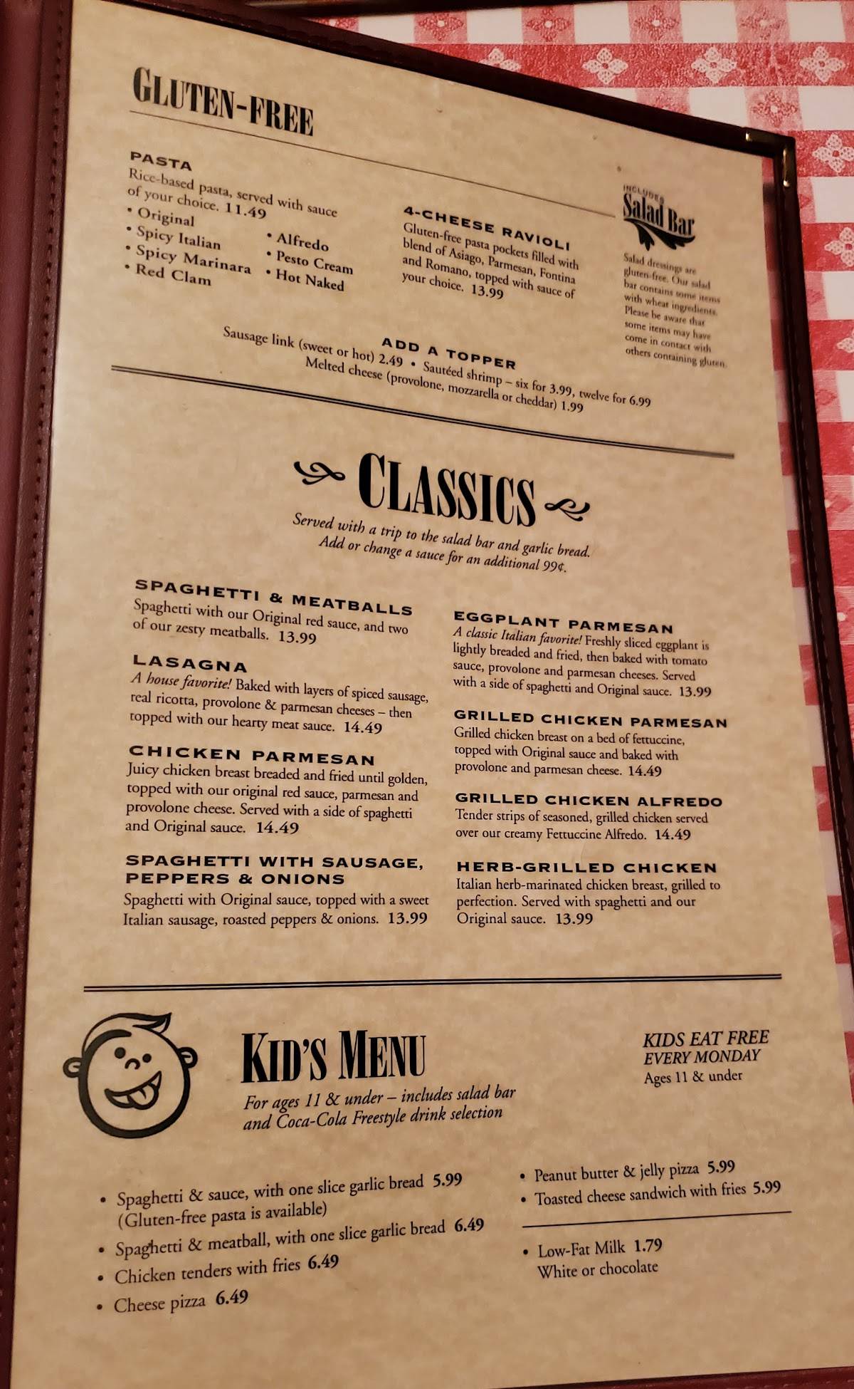 Menu at Spaghetti Works restaurant, Ralston, Park Dr