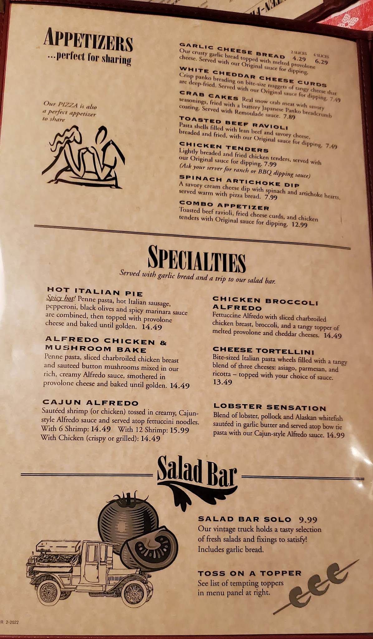 Menu at Spaghetti Works restaurant, Ralston, Park Dr
