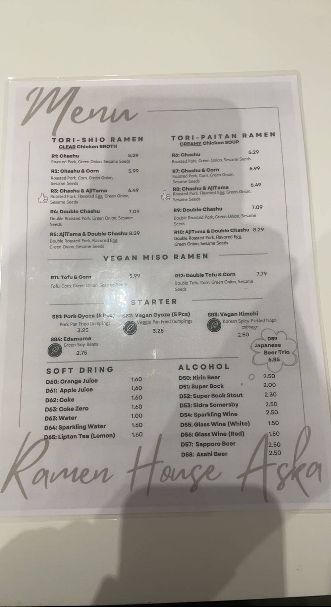Menu at Ramen House Aska restaurant, Lisbon