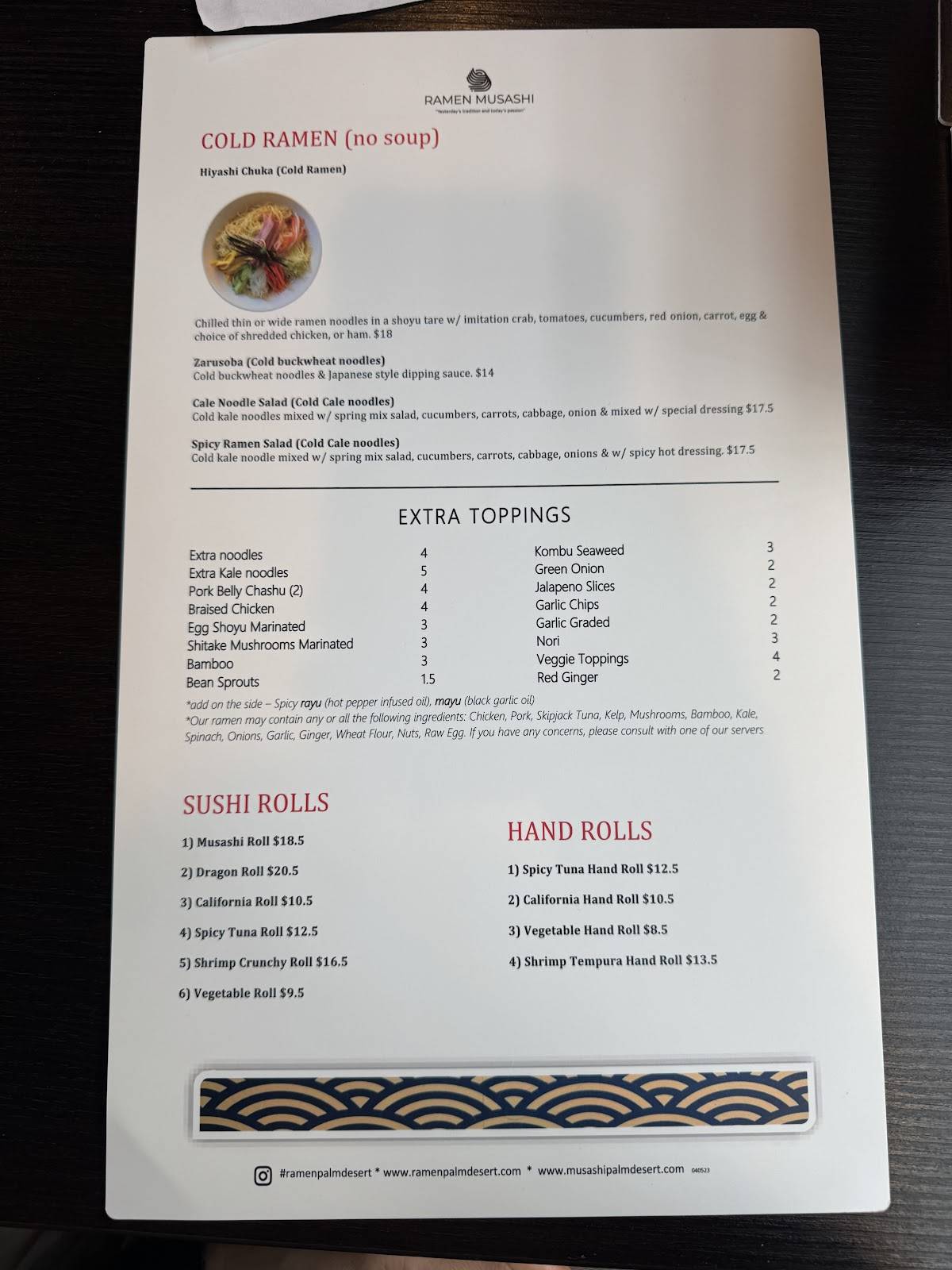 Menu at Ramen Musashi restaurant, Palm Desert