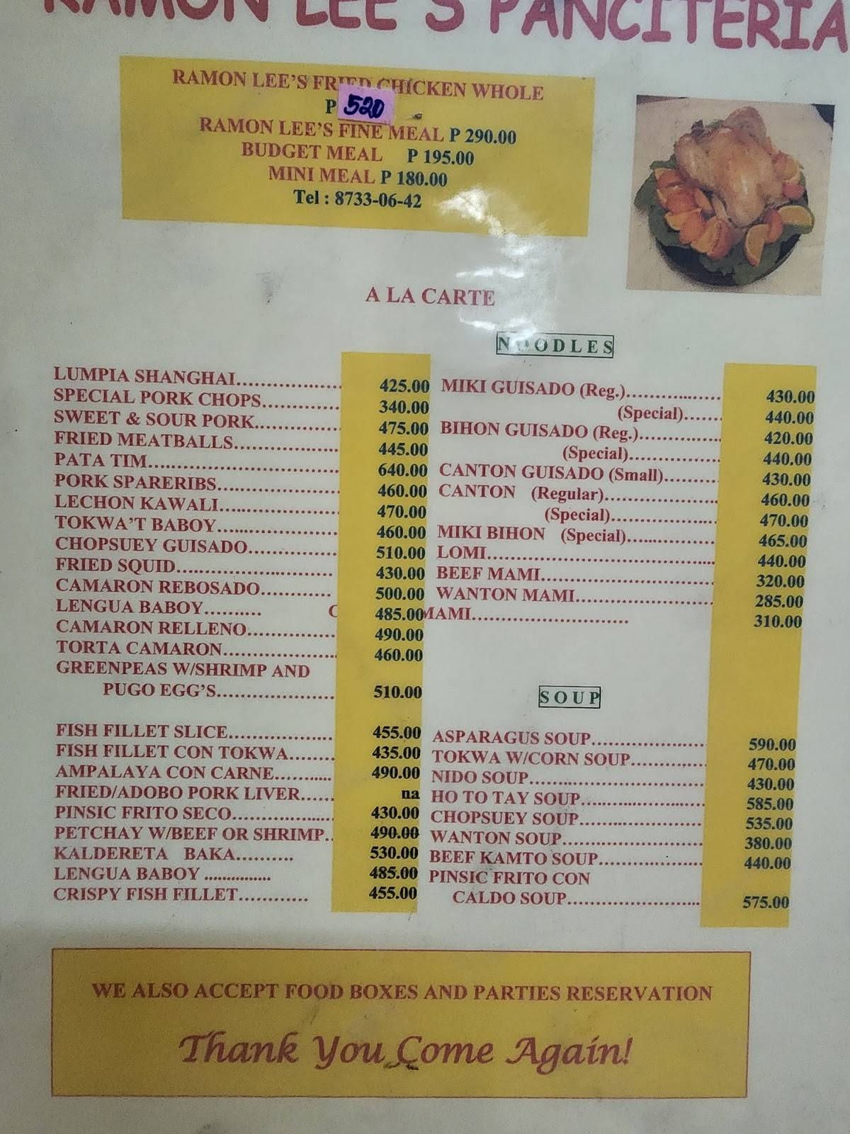 Menu at Ramon Lee Panciteria restaurant, Manila