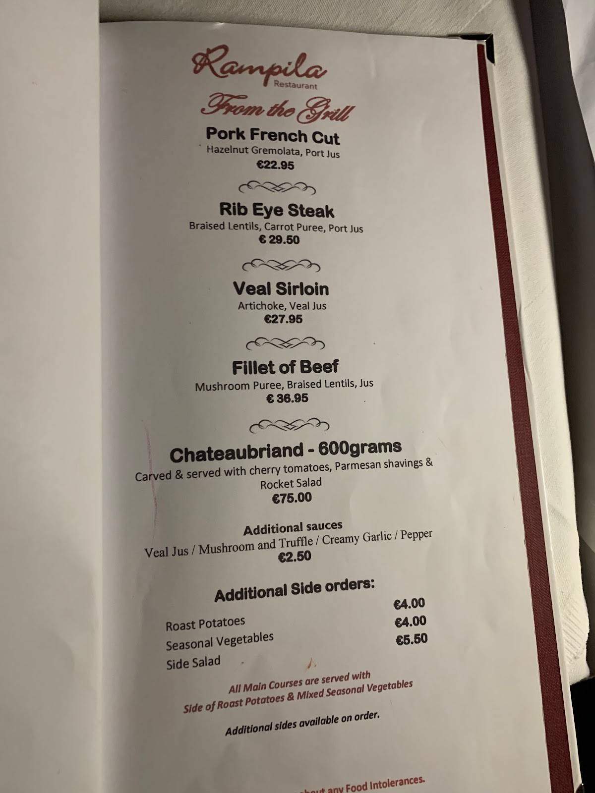 Menu at Rampila Restaurant, Valletta