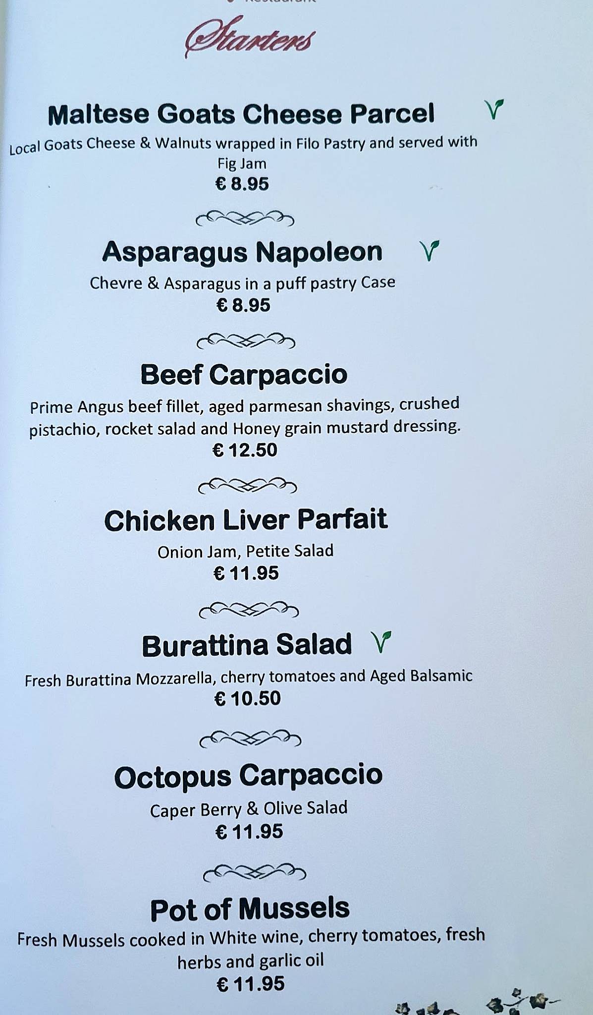 Menu at Rampila Restaurant, Valletta