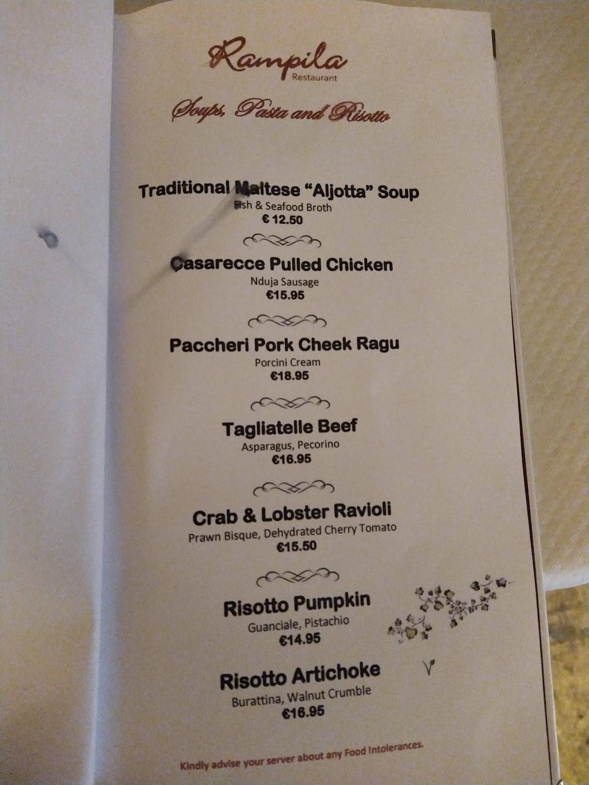 Menu at Rampila Restaurant, Valletta