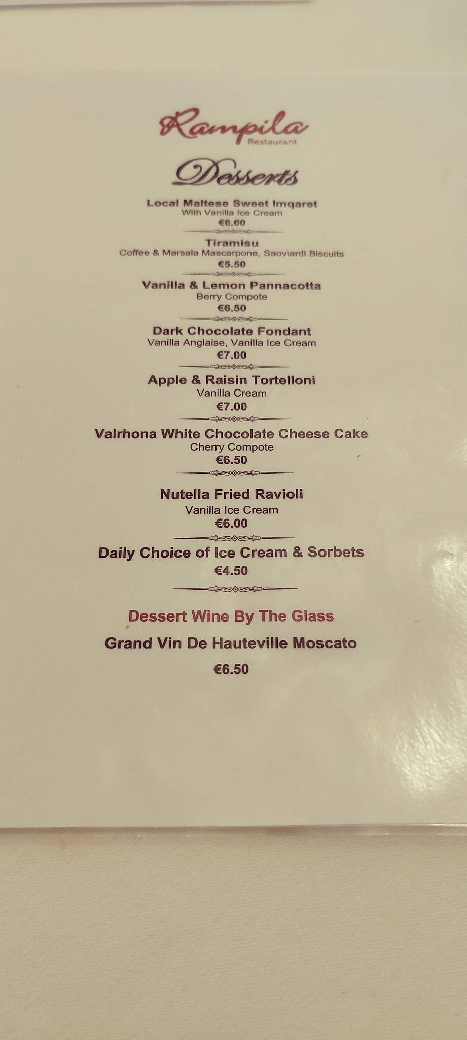 Menu at Rampila Restaurant, Valletta