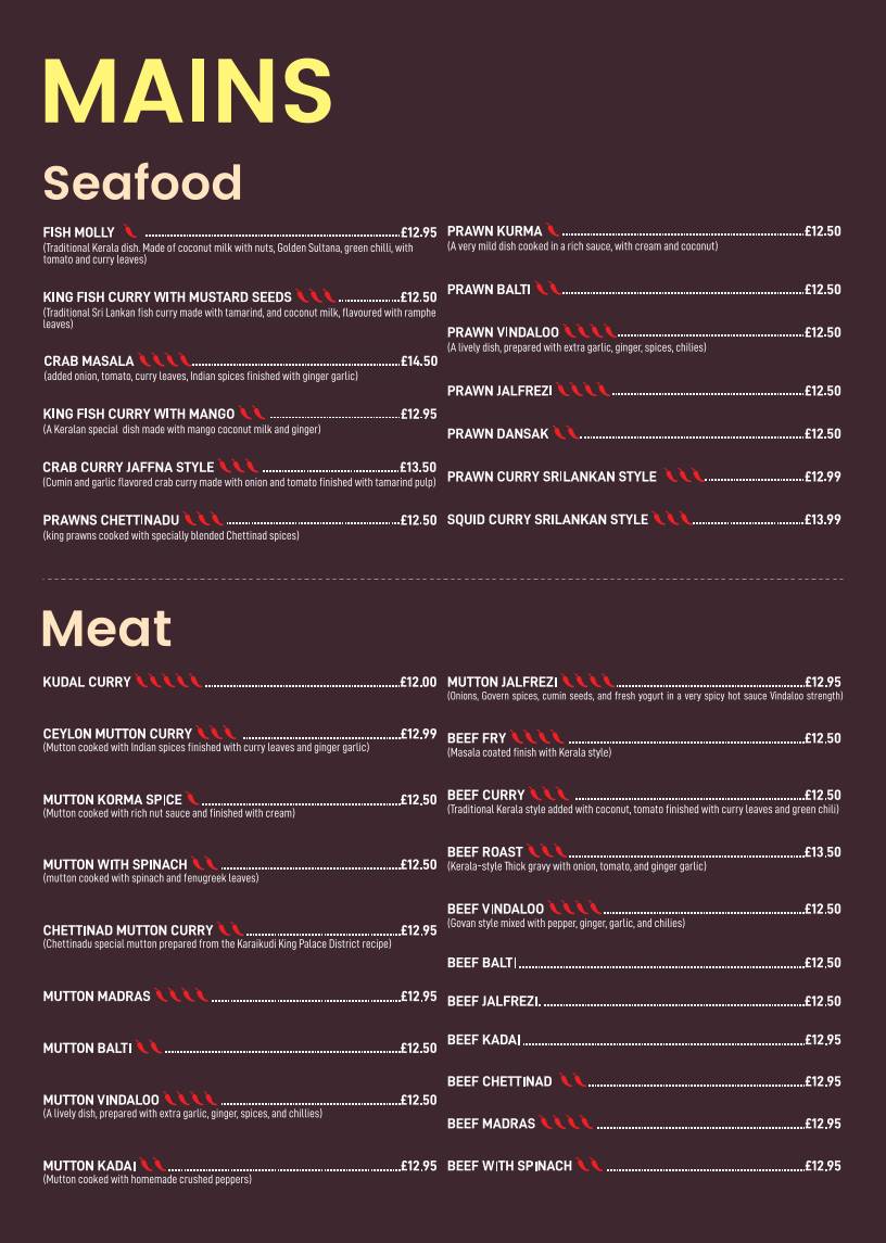 Menu at Rani's Restaurant, Ramsgate