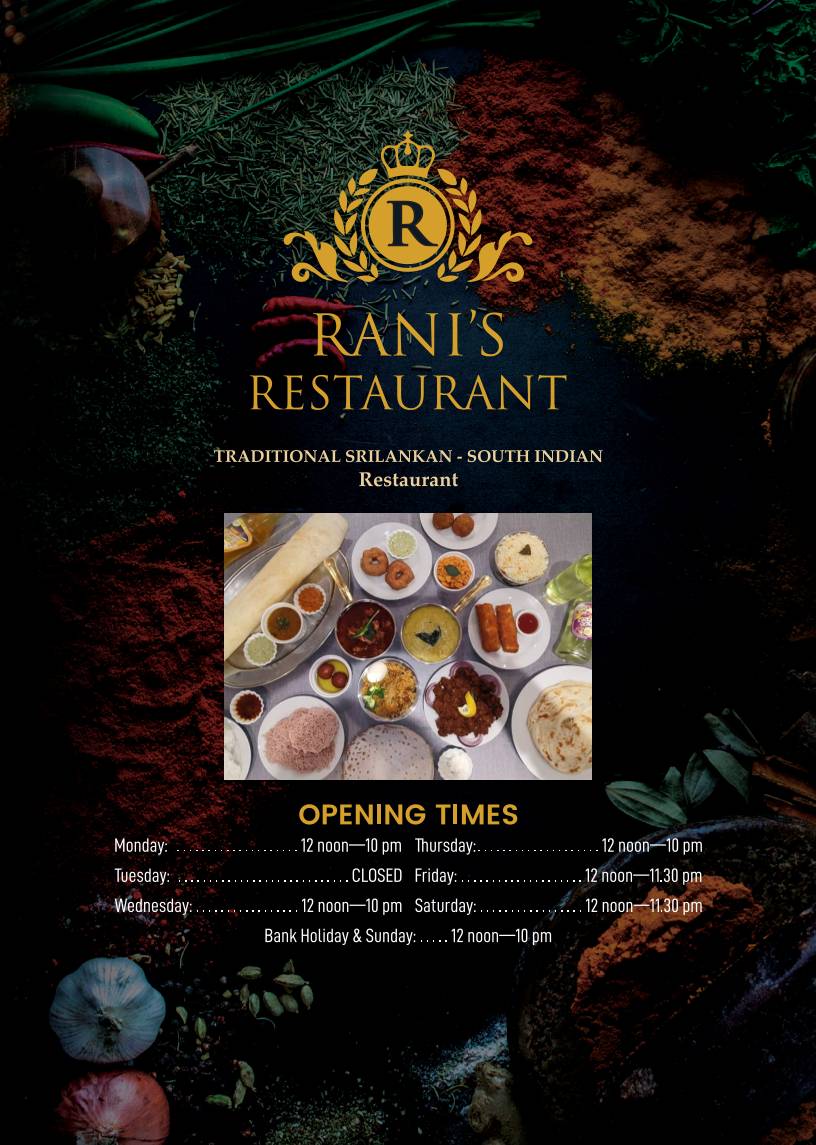 Menu at Rani's Restaurant, Ramsgate