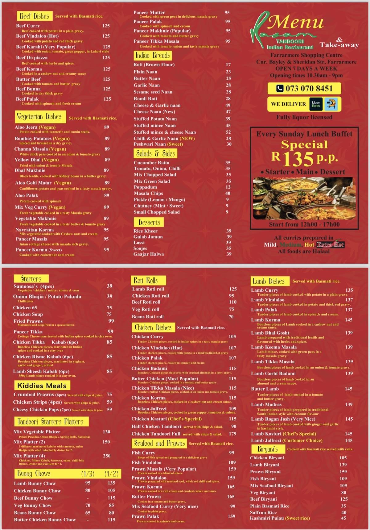 Menu at Rasam Tandoori Indian Restaurant Benoni, Benoni