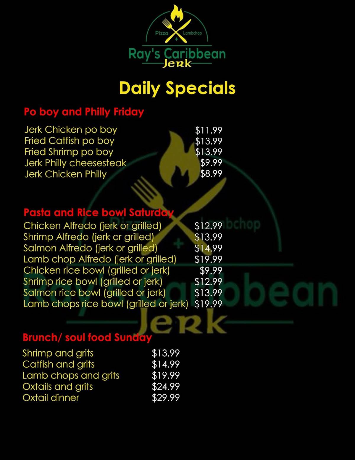 Menu at Ray’s Caribbean jerk restaurant, East Chicago