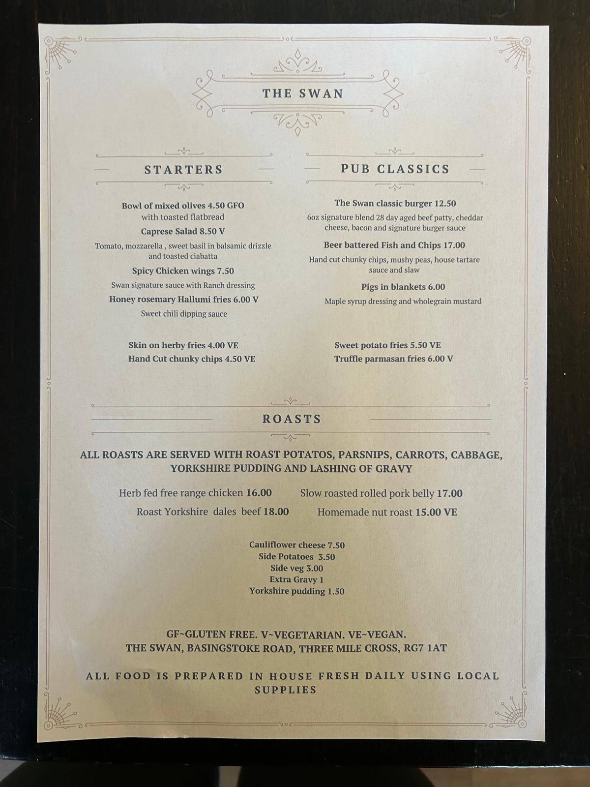 Menu at The Swan pub & bar, Reading, Basingstoke Rd
