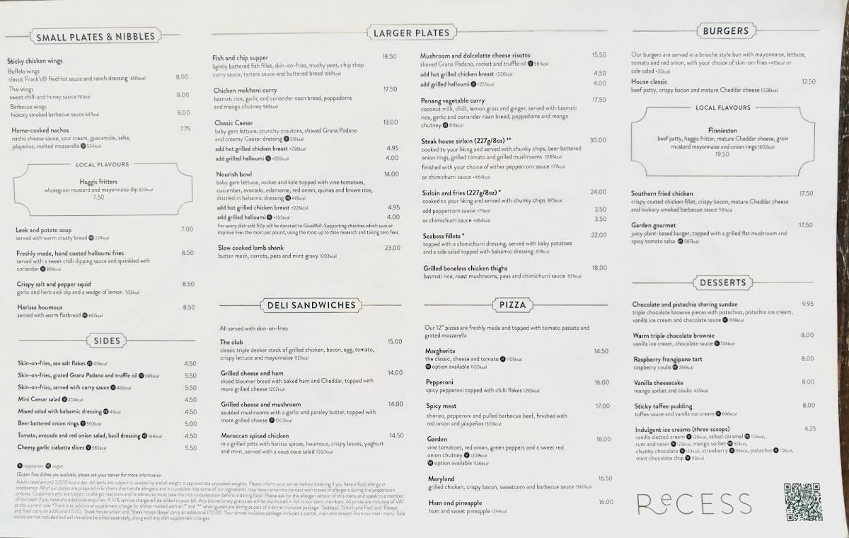 Menu at Recess restaurant, Glasgow