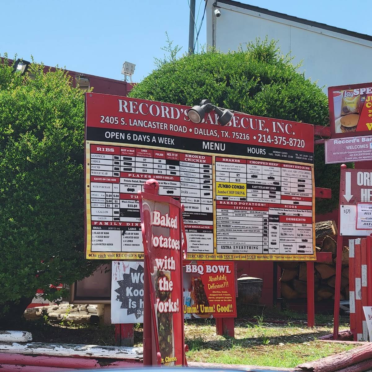 Menu at Record's Barbecue, Dallas