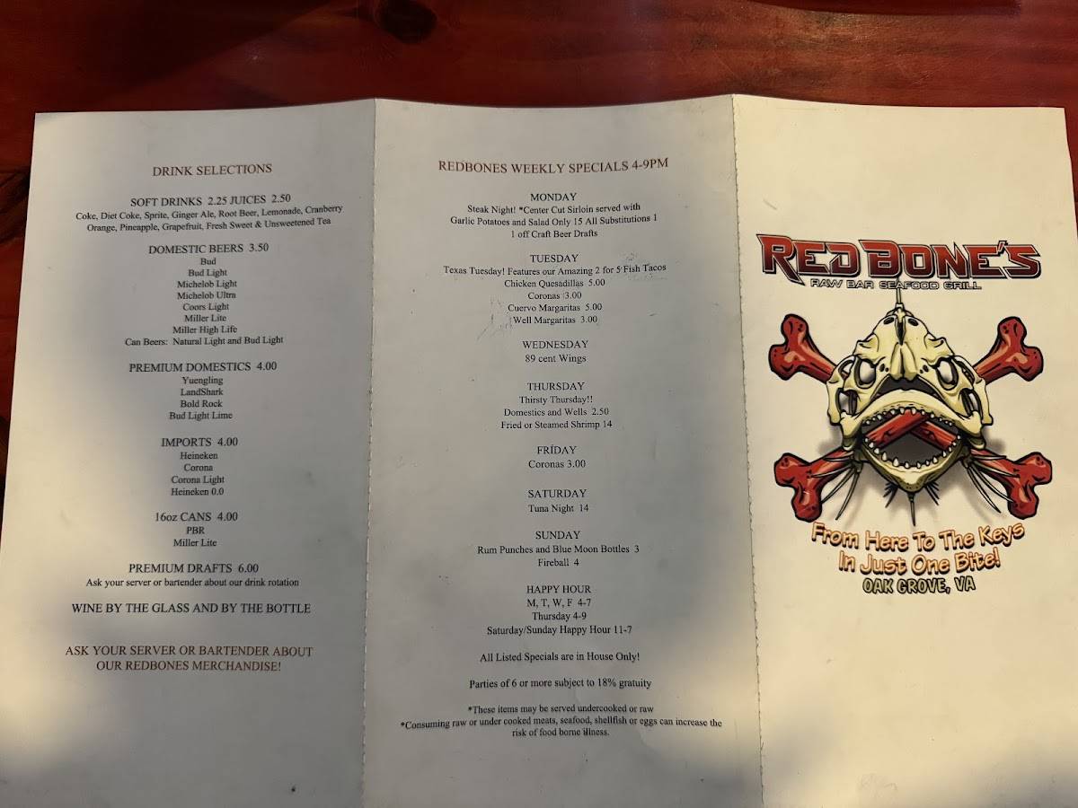 Menu at Red Bones Raw Bar Seafood Grille, Chesapeake