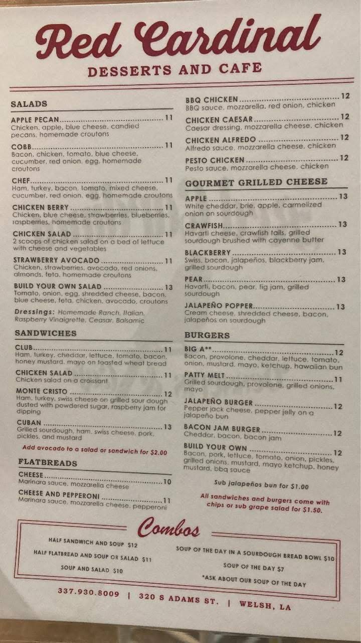 Menu at Red Cardinal Desserts and Cafe, Welsh