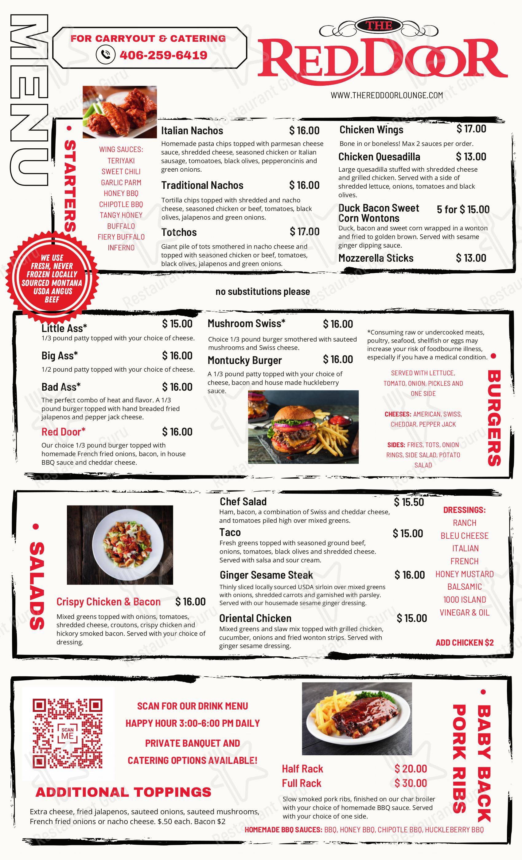 Menu at Red Door Lounge pub & bar, Billings