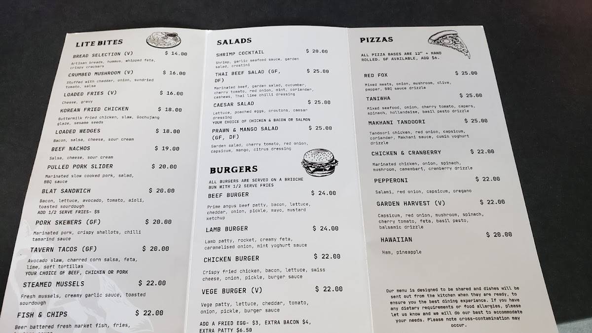 Menu at Red Fox Tavern pub & bar, Maramarua