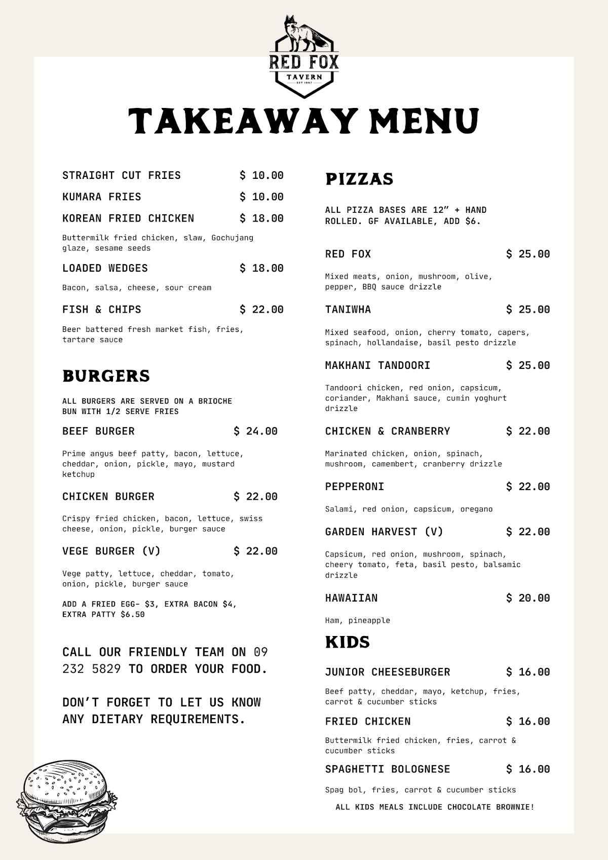 Menu at Red Fox Tavern pub & bar, Maramarua