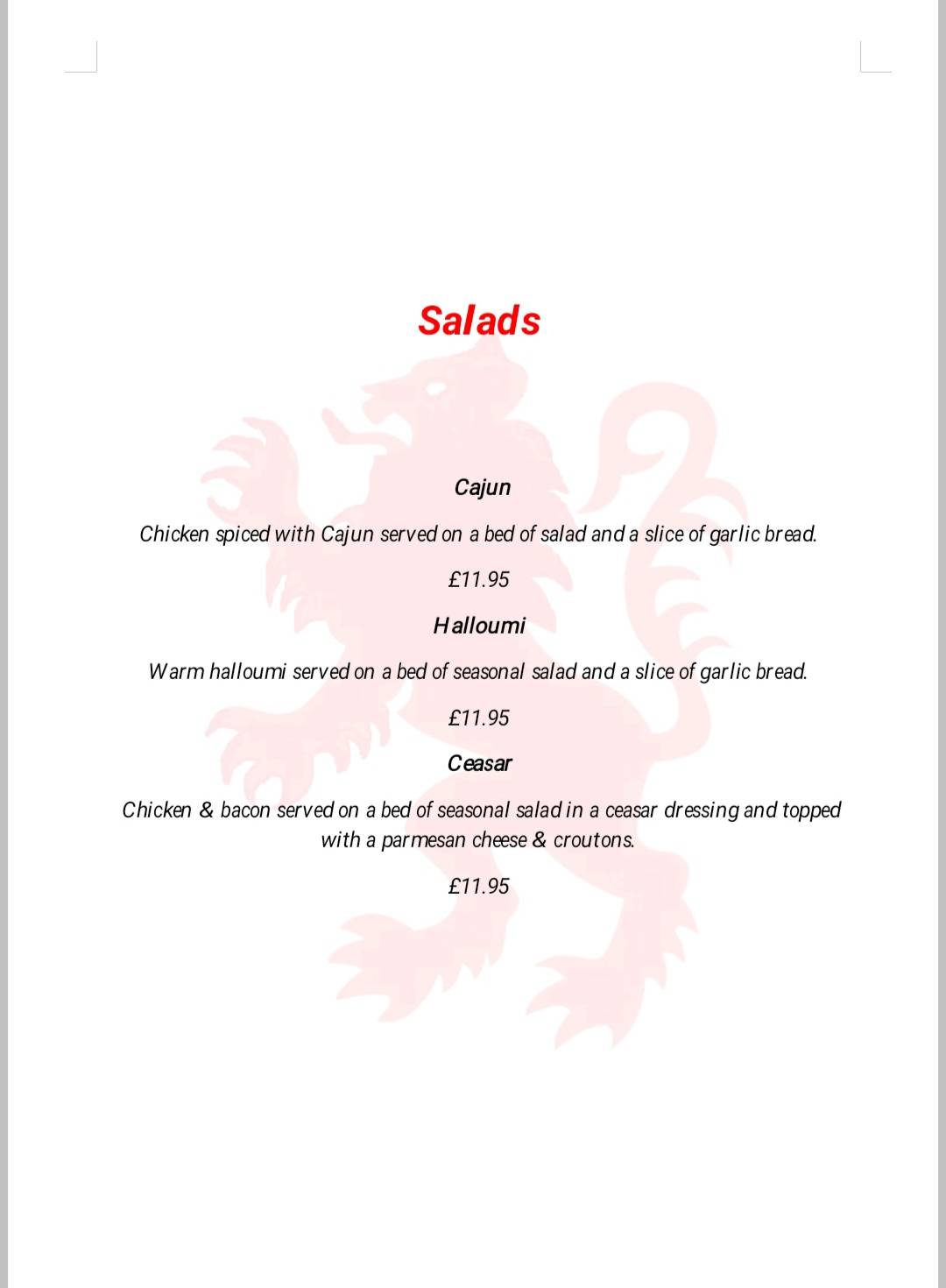 Menu at Red Lion pub & bar, Leek, 37 Cheadle Rd