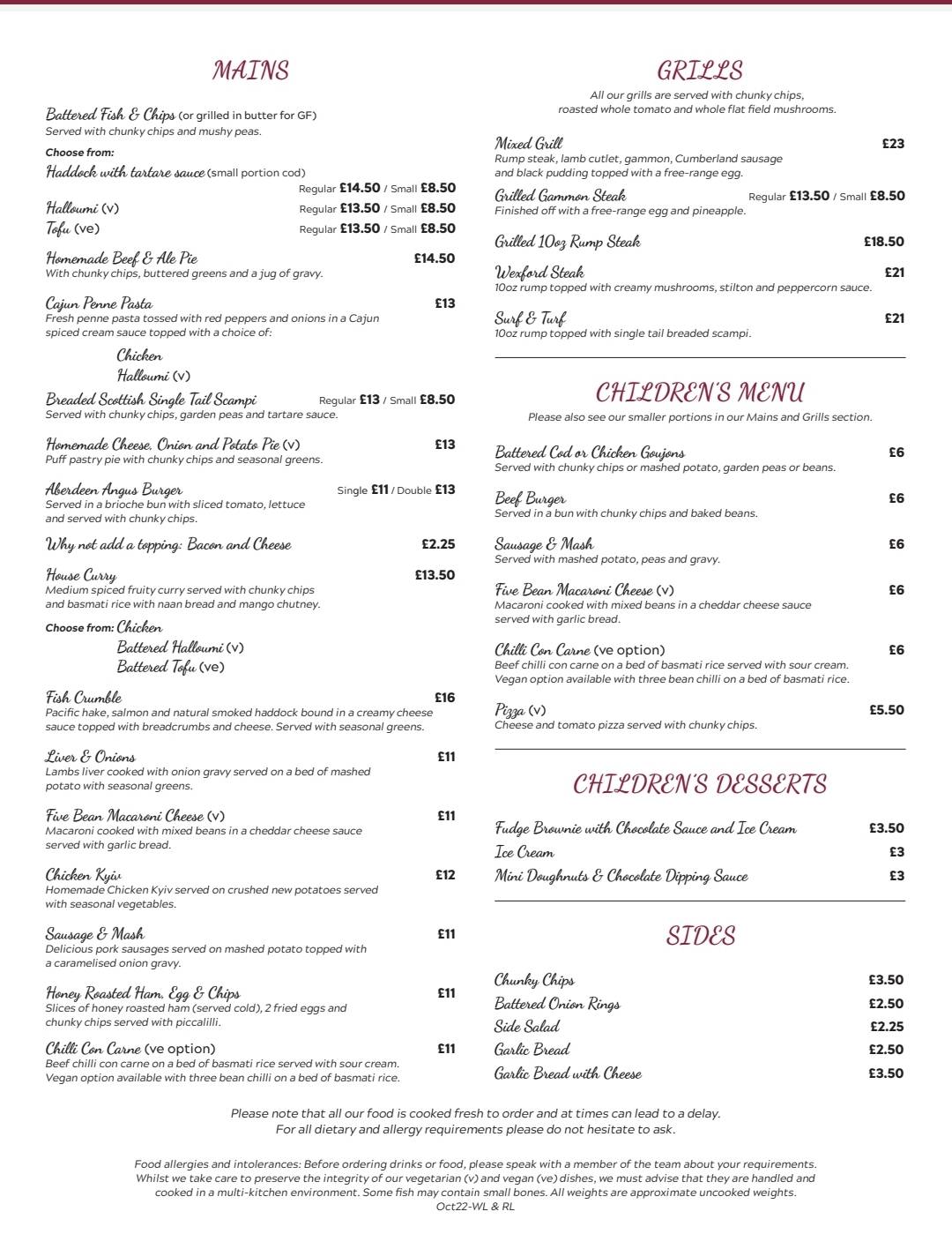 Carta del pub y bar Red Lion, Pickmere, Tabley Superior, Park Ln