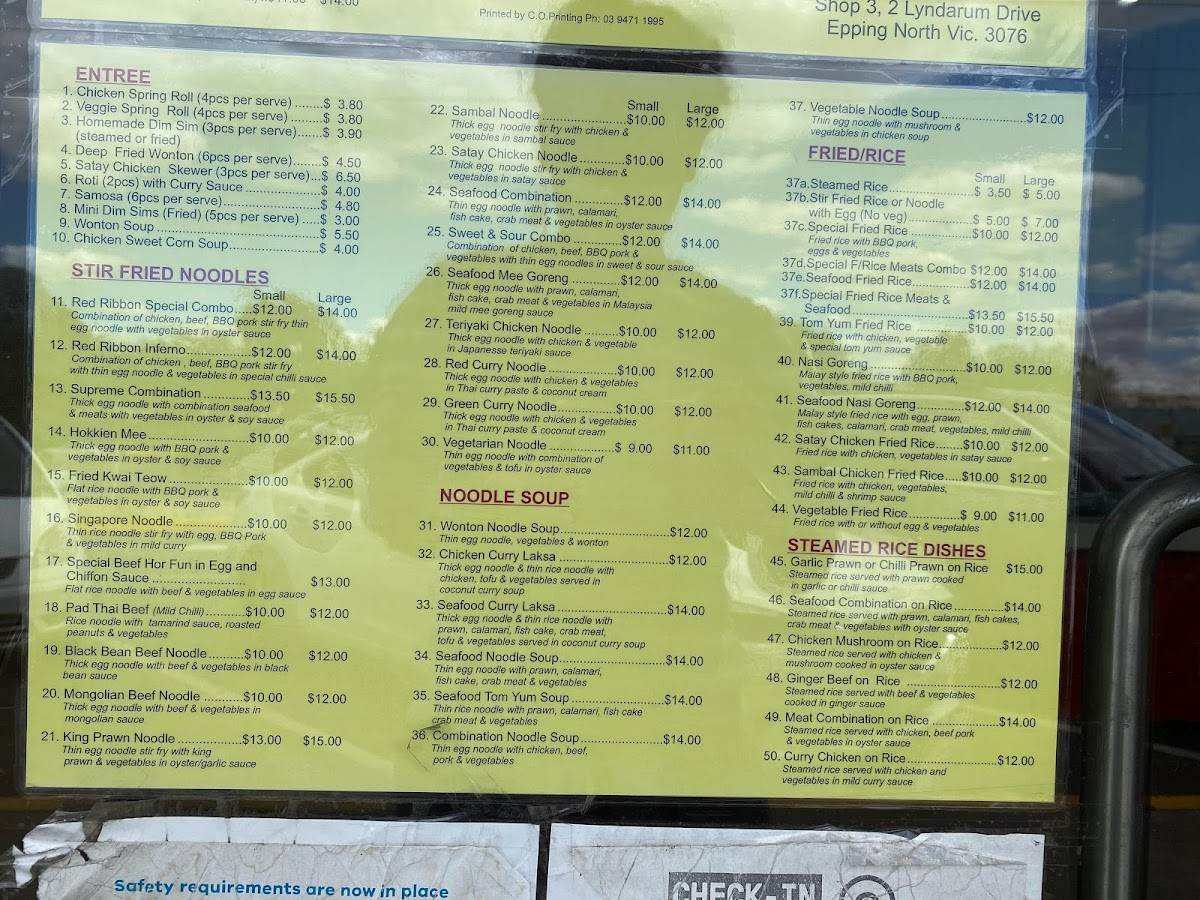 Menu at Red Ribbon Noodle & Rice restaurant, Epping